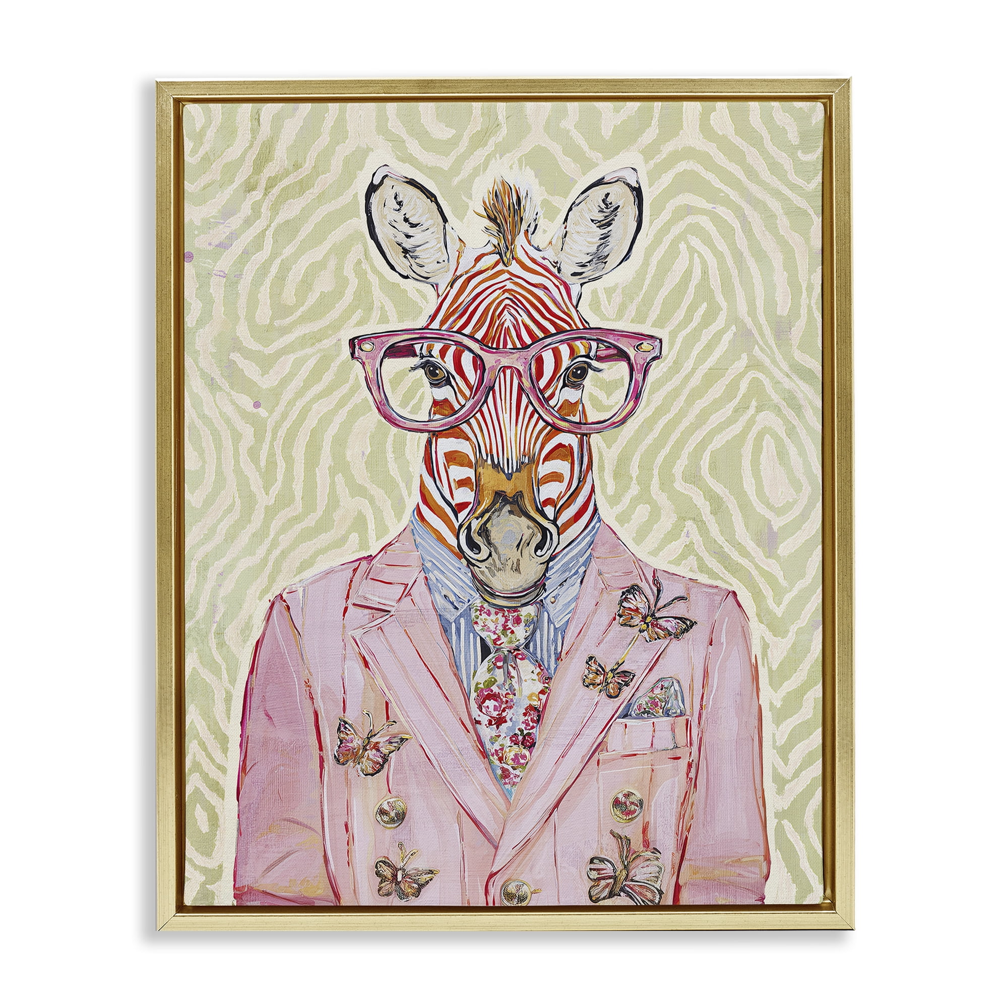 Stupell Industries Pink Zebra over Green Gold Framed Floater Canvas ...