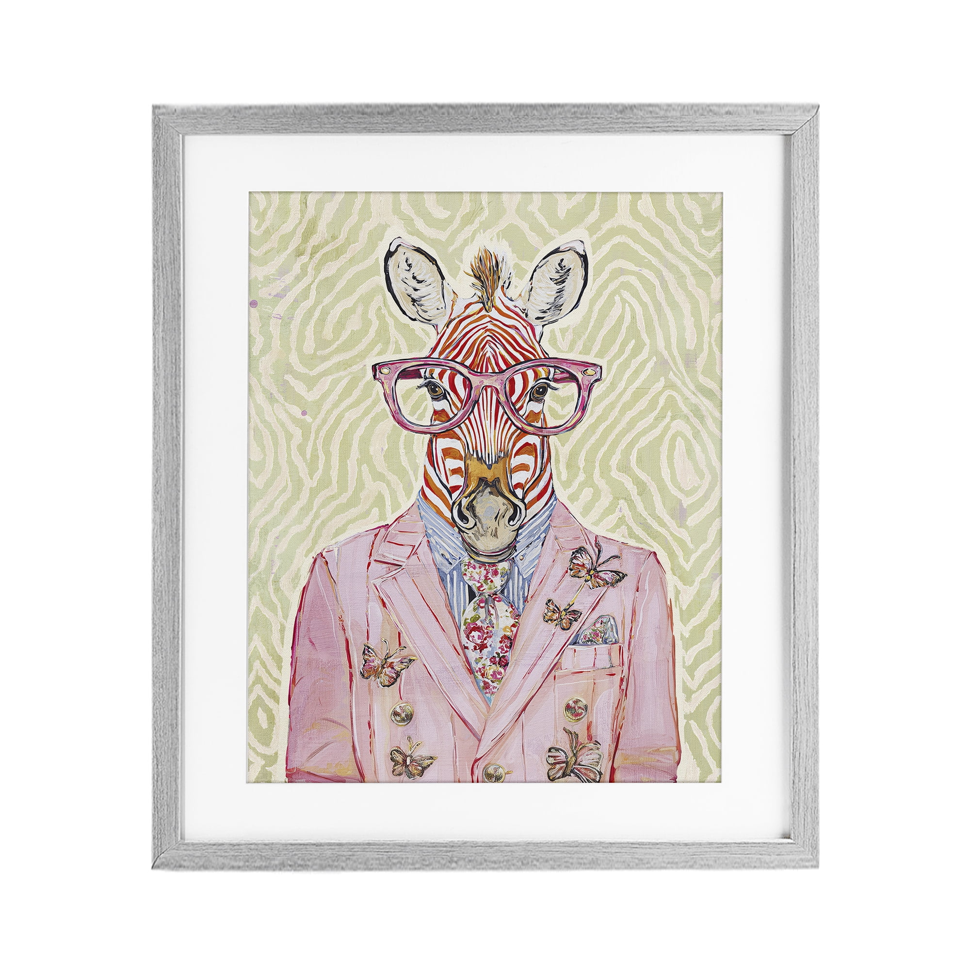 Stupell Industries Pink Zebra over Green Gray Framed Print Under Glass ...
