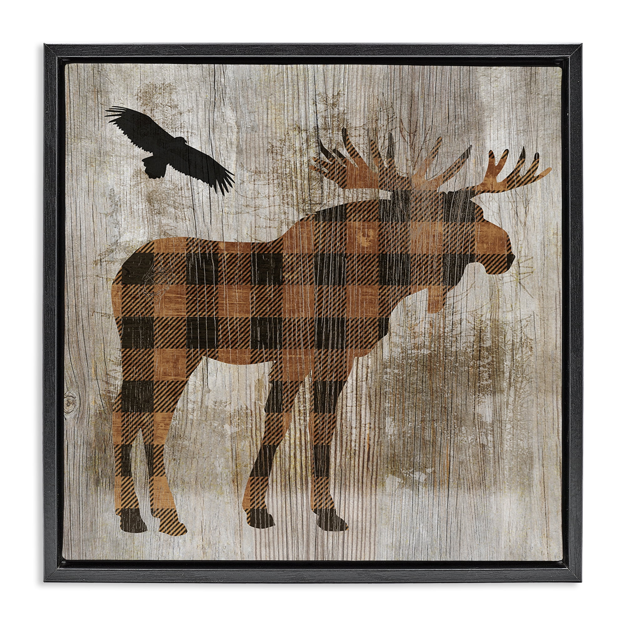 Stupell Industries Plaid Moose & Eagle Animals Painting Black Floater ...