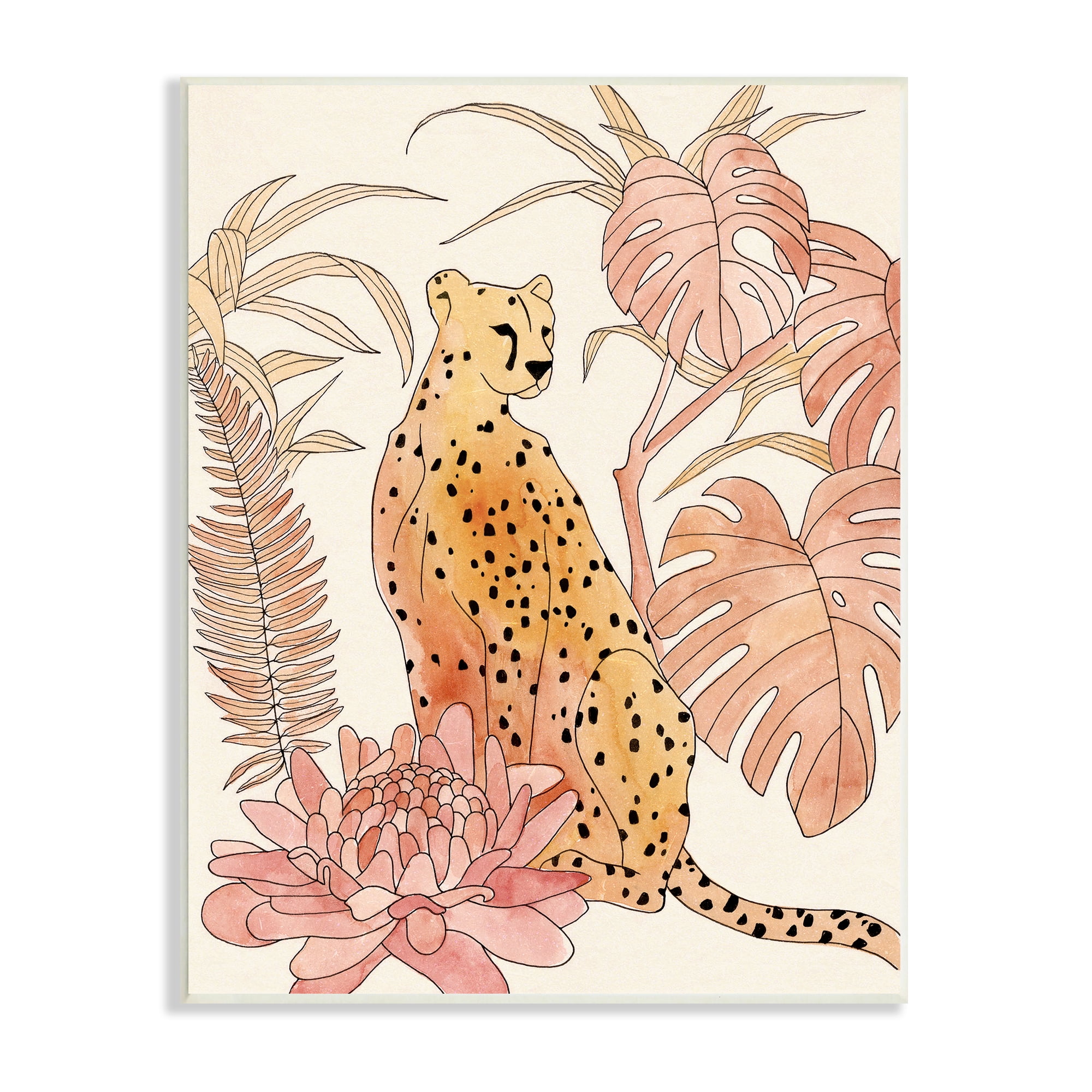 Stupell Industries Poised Cheetah Tropical Blush Monstera Fern Forest ...
