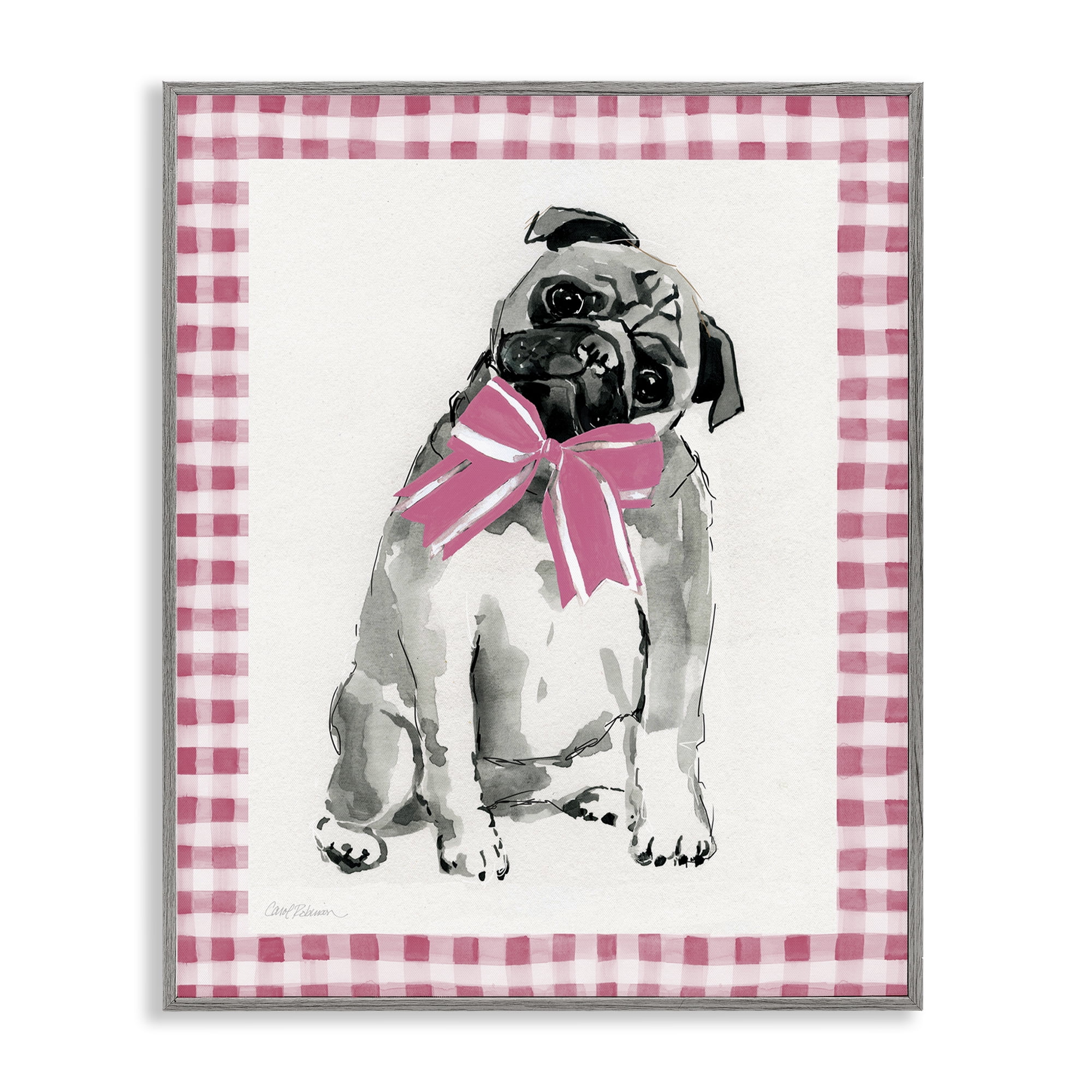 Stupell Industries Pug with Plaid Border Animals Painting Gray Framed ...