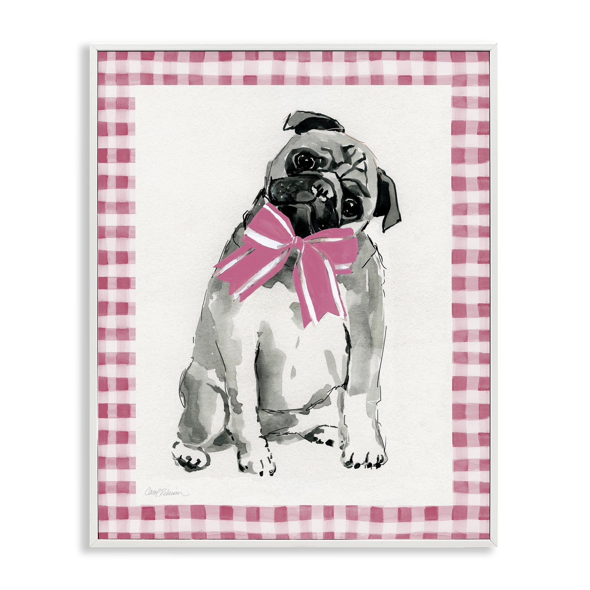 Stupell Industries Pug with Plaid Border Animals Painting White Framed ...