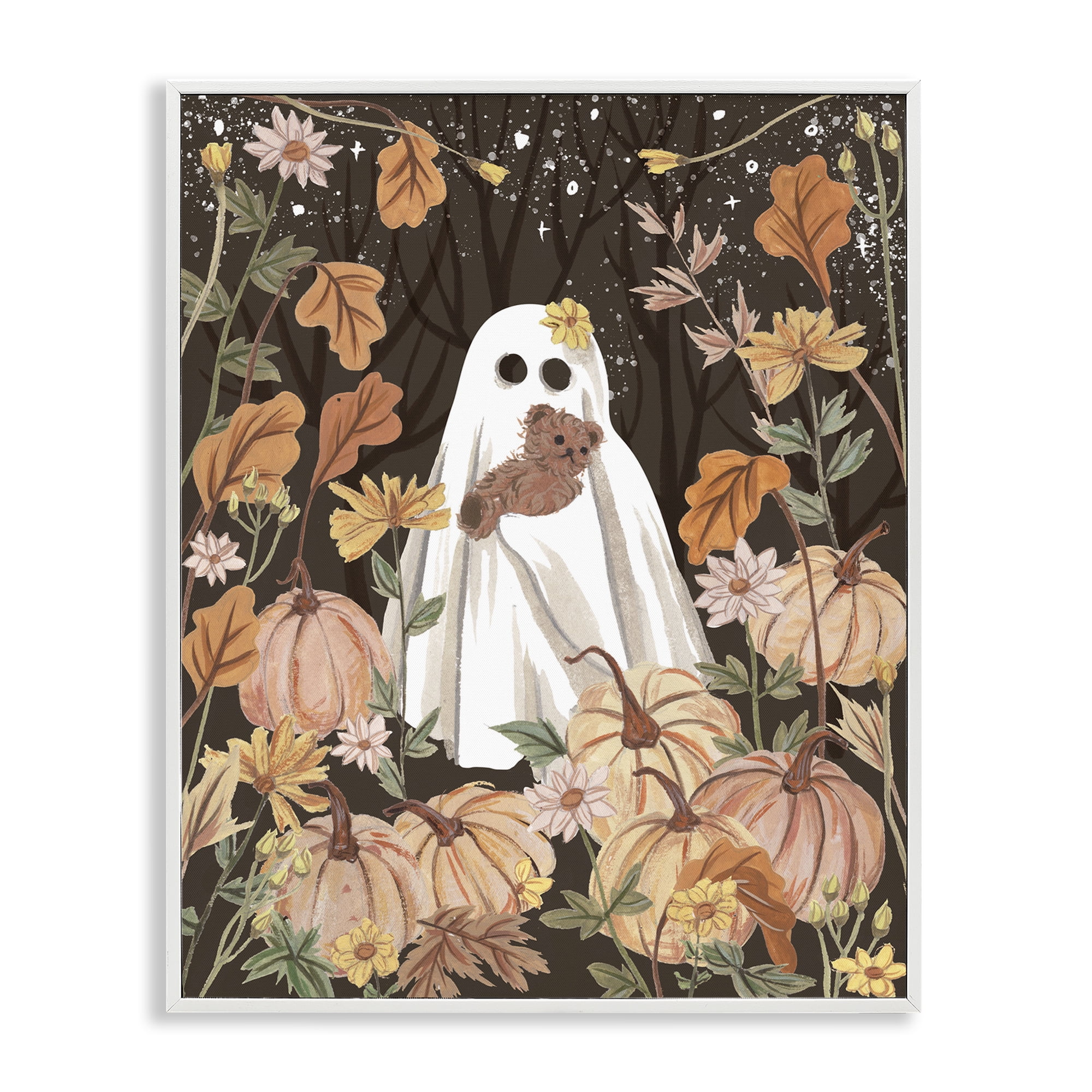 Stupell Industries Pumpkins & Ghost with Teddy Bear Holiday Painting ...