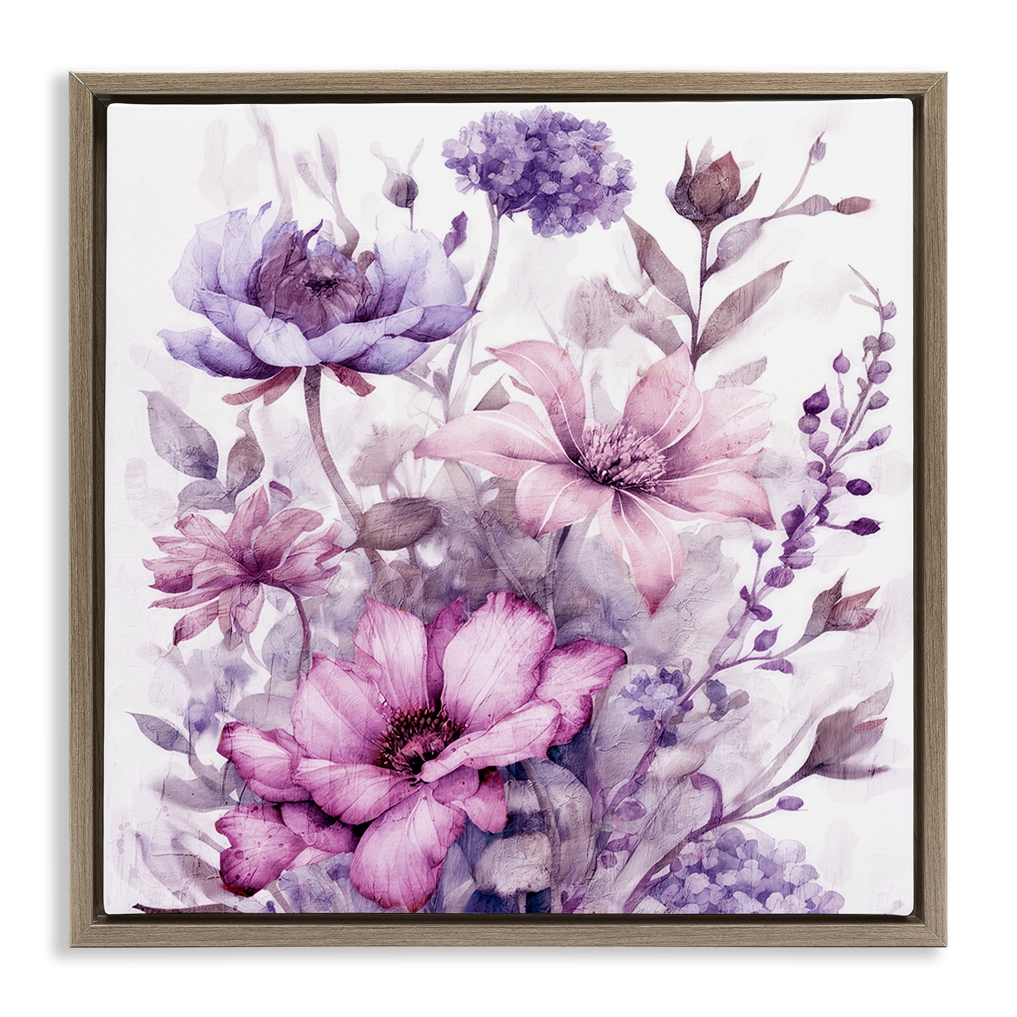 Stupell Industries Purple & Blush Florals Brown Framed Floater Canvas ...
