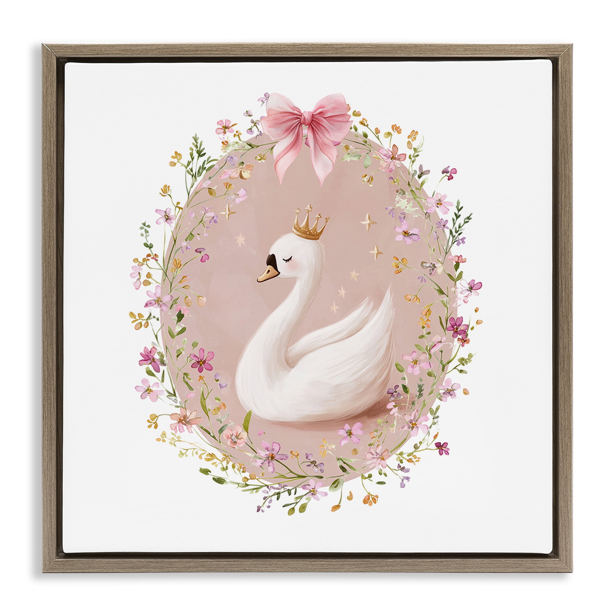 Stupell Industries Queen Swan with Florals Brown Framed Floater Canvas ...