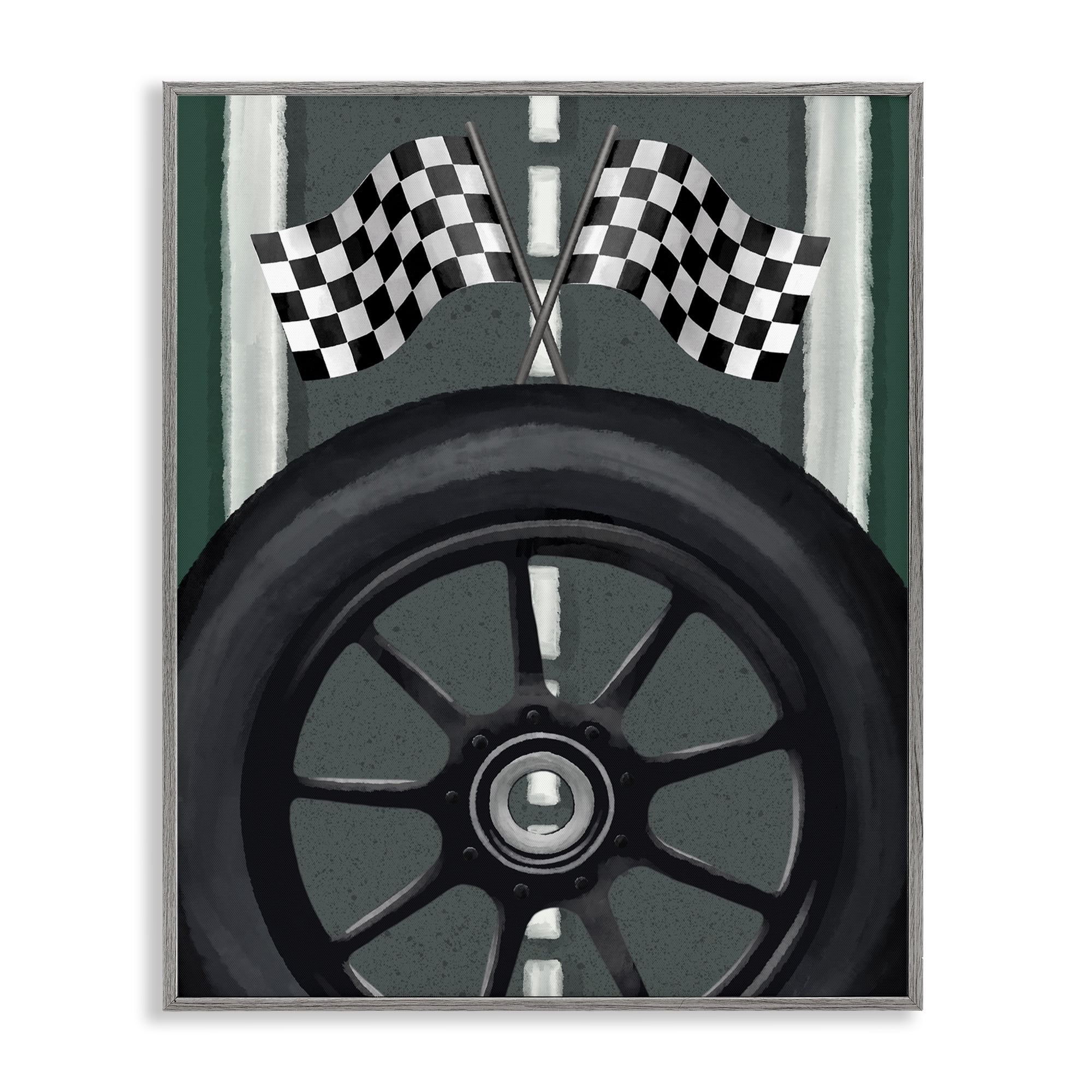 Stupell Industries Racetrack Flags & Tire Gray Framed Giclee Art ...