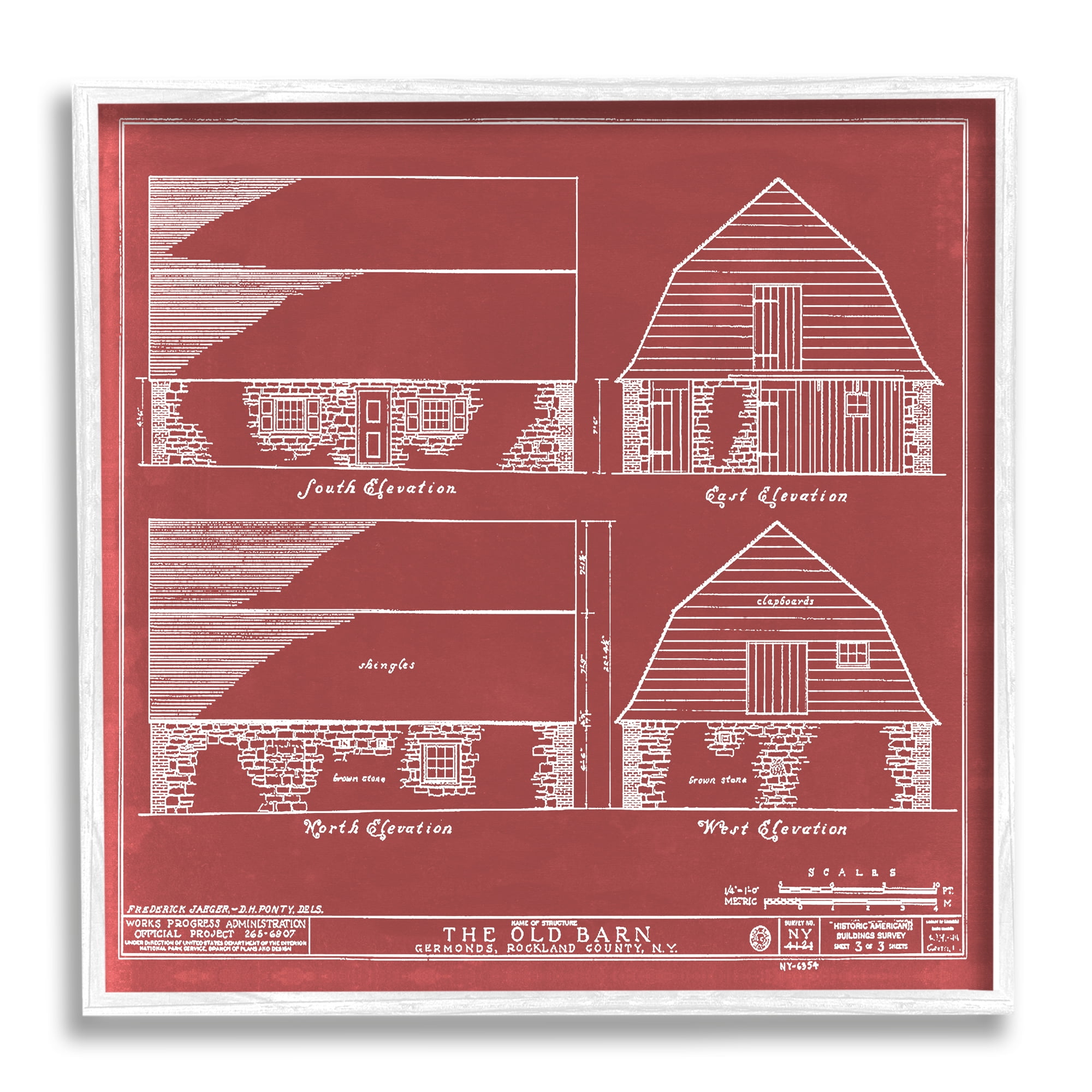 Stupell Industries Red Farmhouse Barn Detailed Blueprint Diagram , 17 x ...