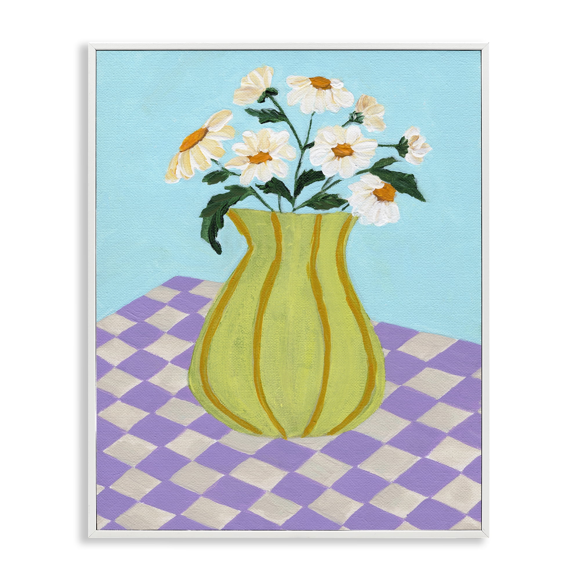 Stupell Industries Retro Checkers Vase Plants & Flowers Painting White ...