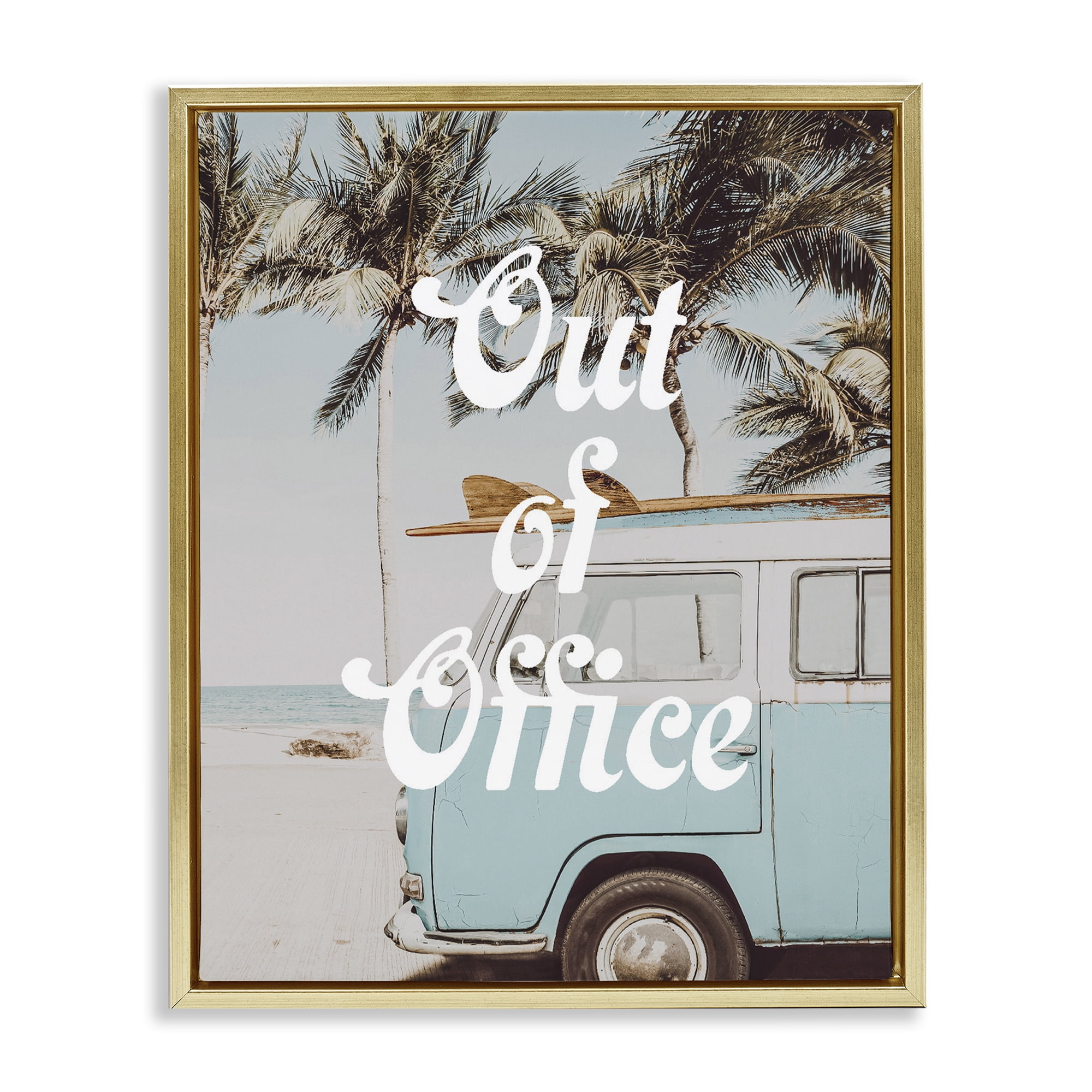Stupell Industries Retro Out Of Office Beach Gold Framed Floater Canvas ...