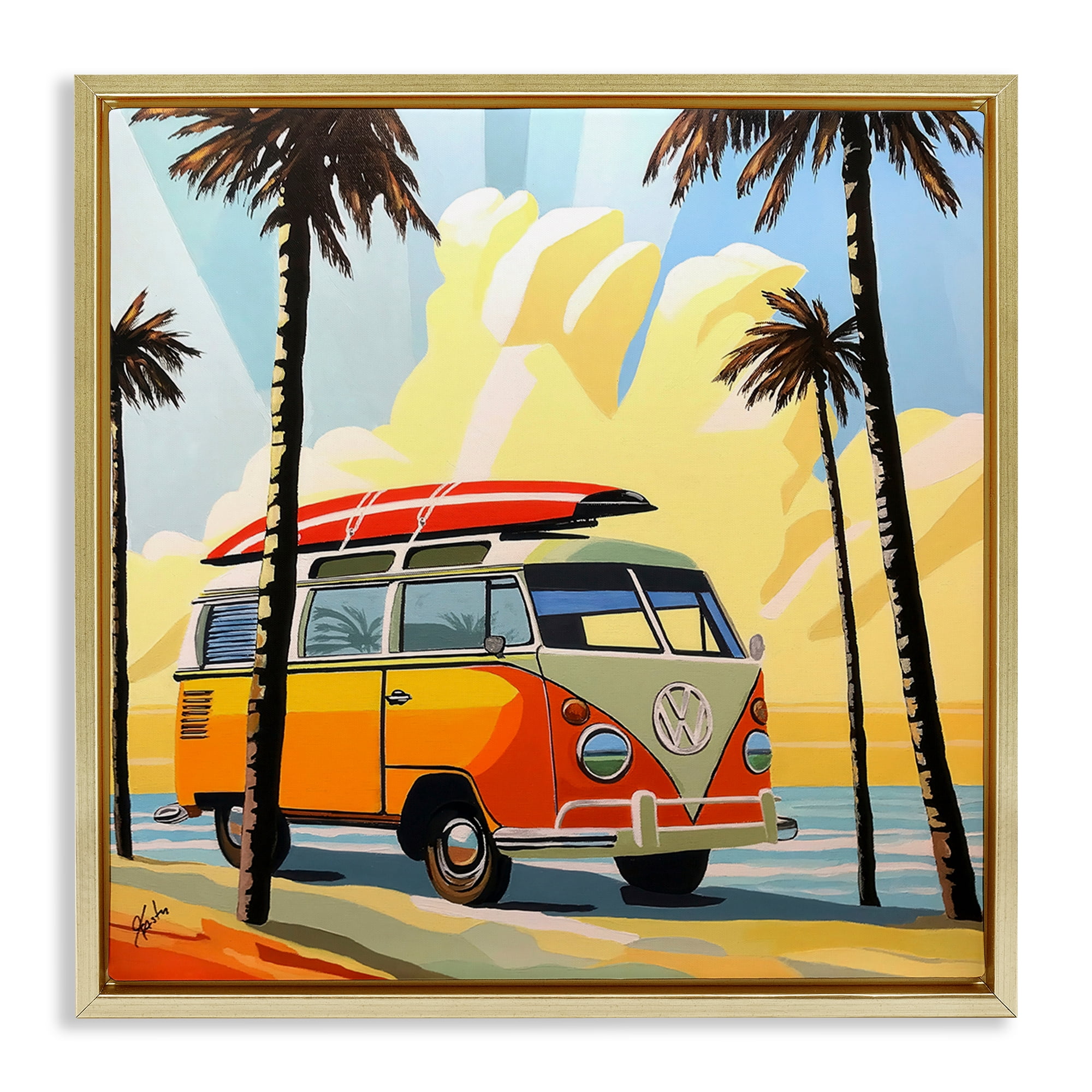 Stupell Industries Road Trip Beach Van Gold Framed Floater Canvas Wall ...