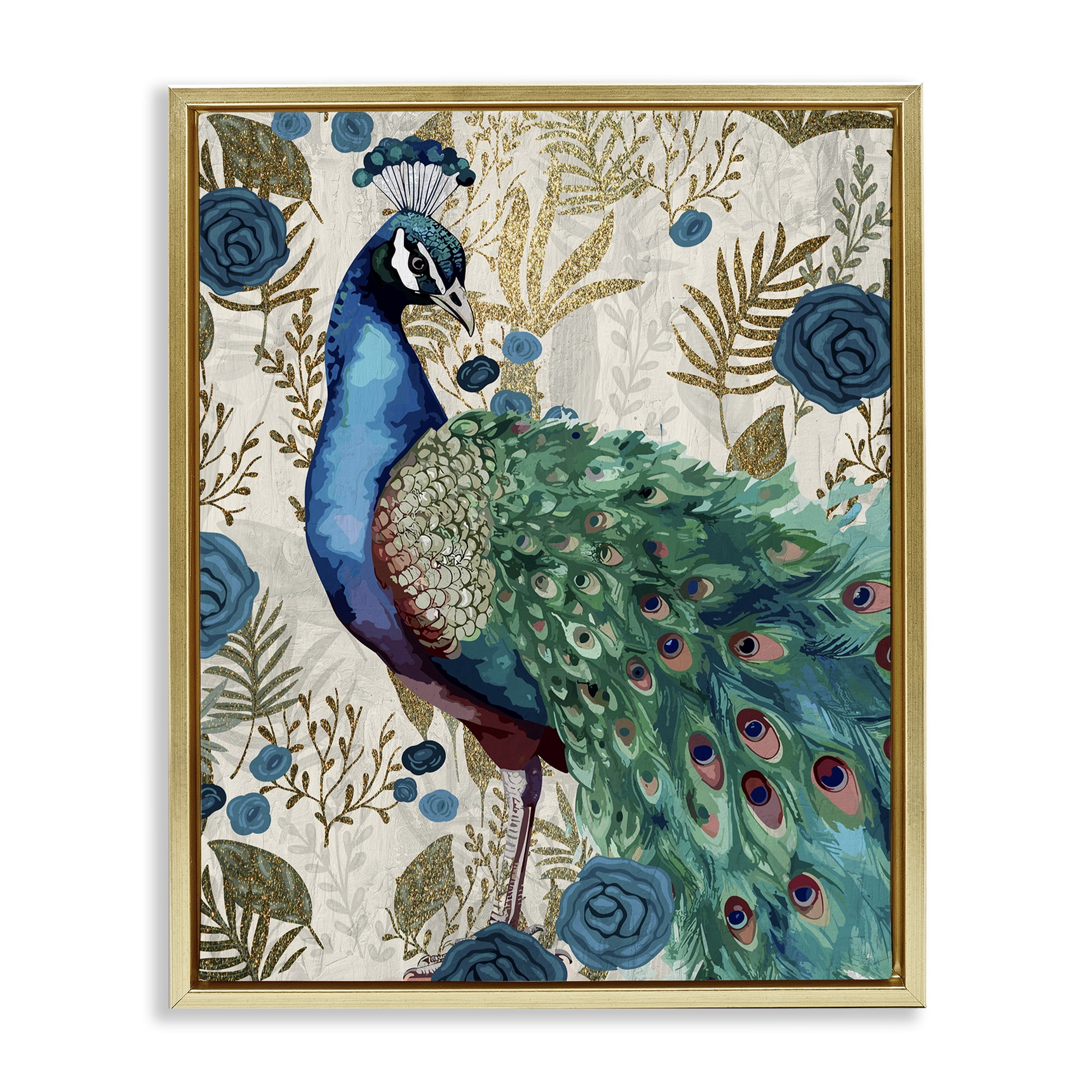Stupell Industries Rococo Peacock Pride Gold Framed Floater Canvas Wall ...
