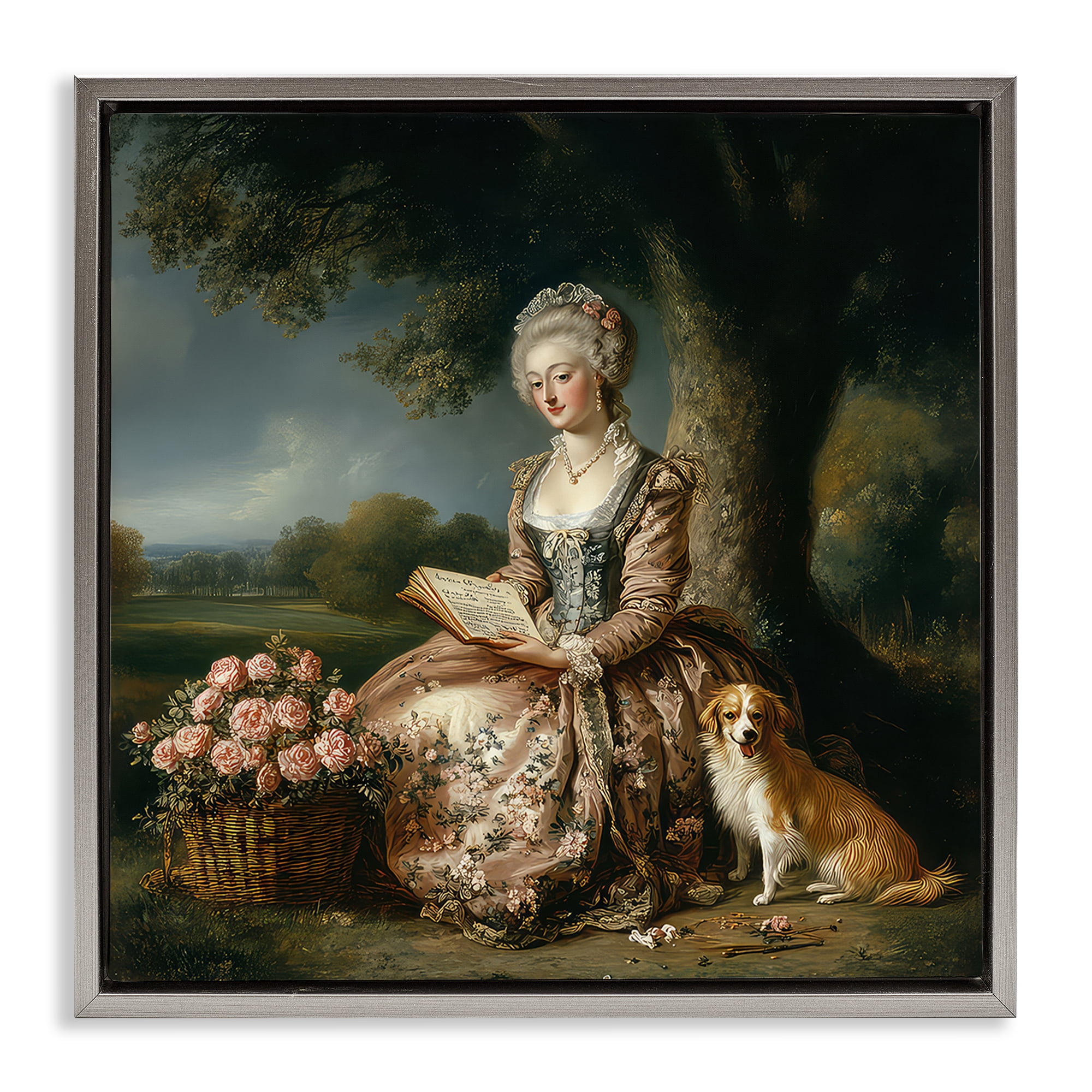Stupell Industries Rococo Woman with Dog Gray Framed Floater Canvas ...