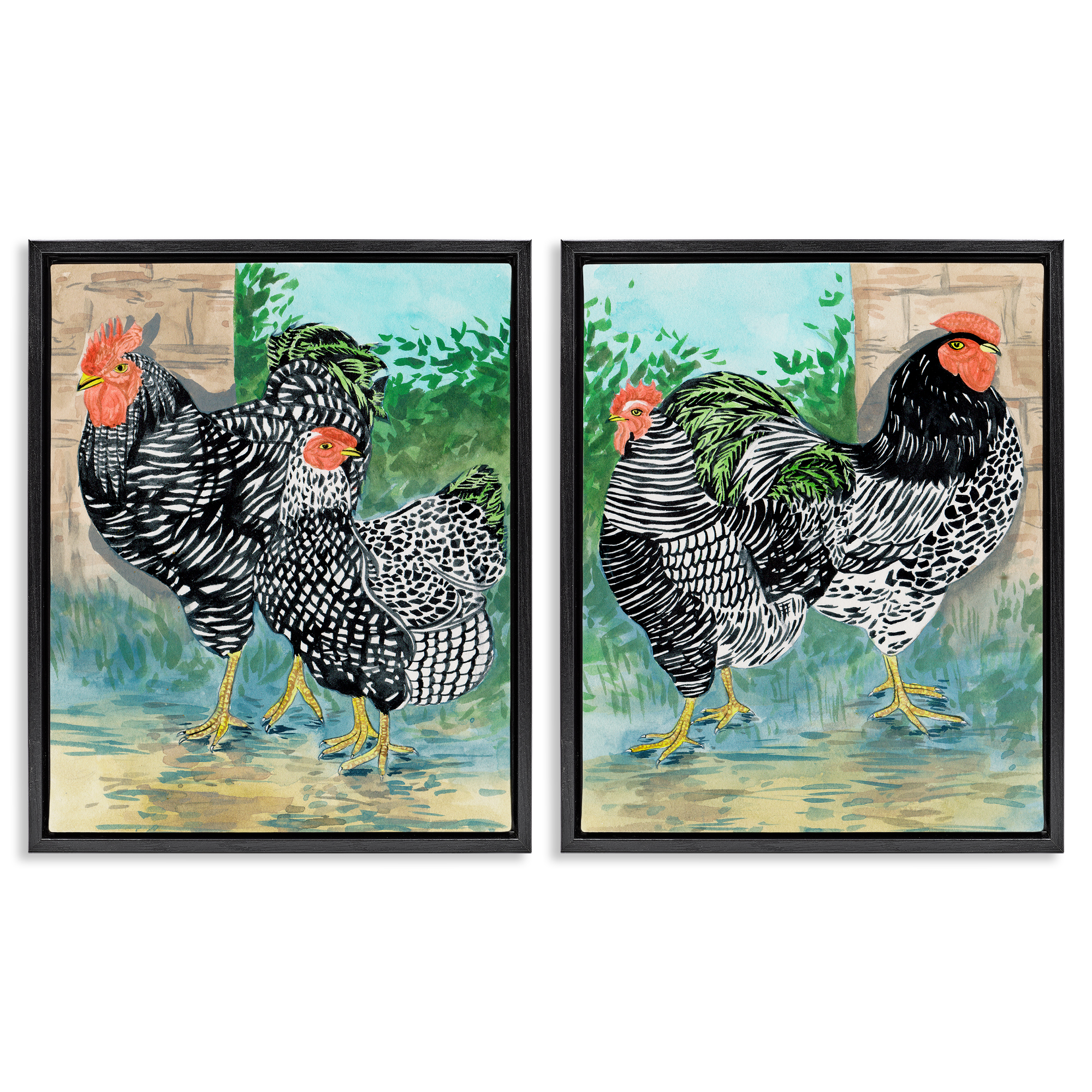 Stupell Industries Rooster and Hen Foraging Animals Painting Black Floater Framed Canvas Art ...