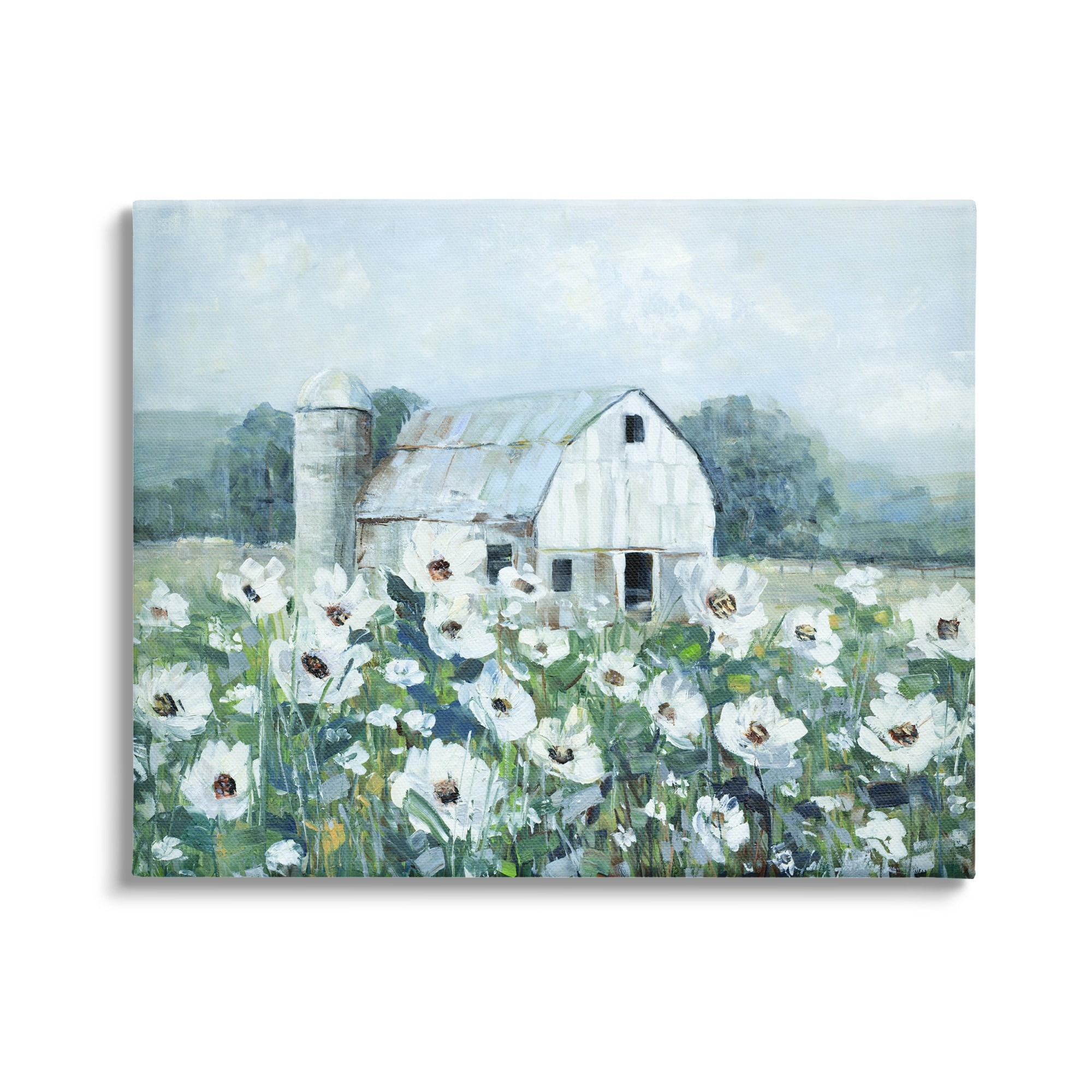 Stupell Industries Rural Anemone Flower Meadow White Farmland Barn ...