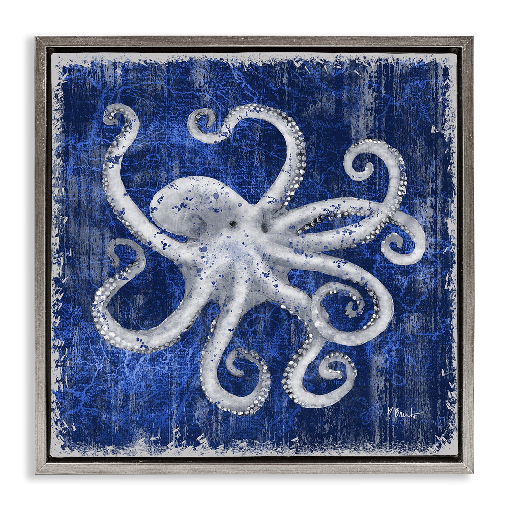 Stupell Industries Rustic Indigo Octopus Nautical & Beach Painting Gray ...