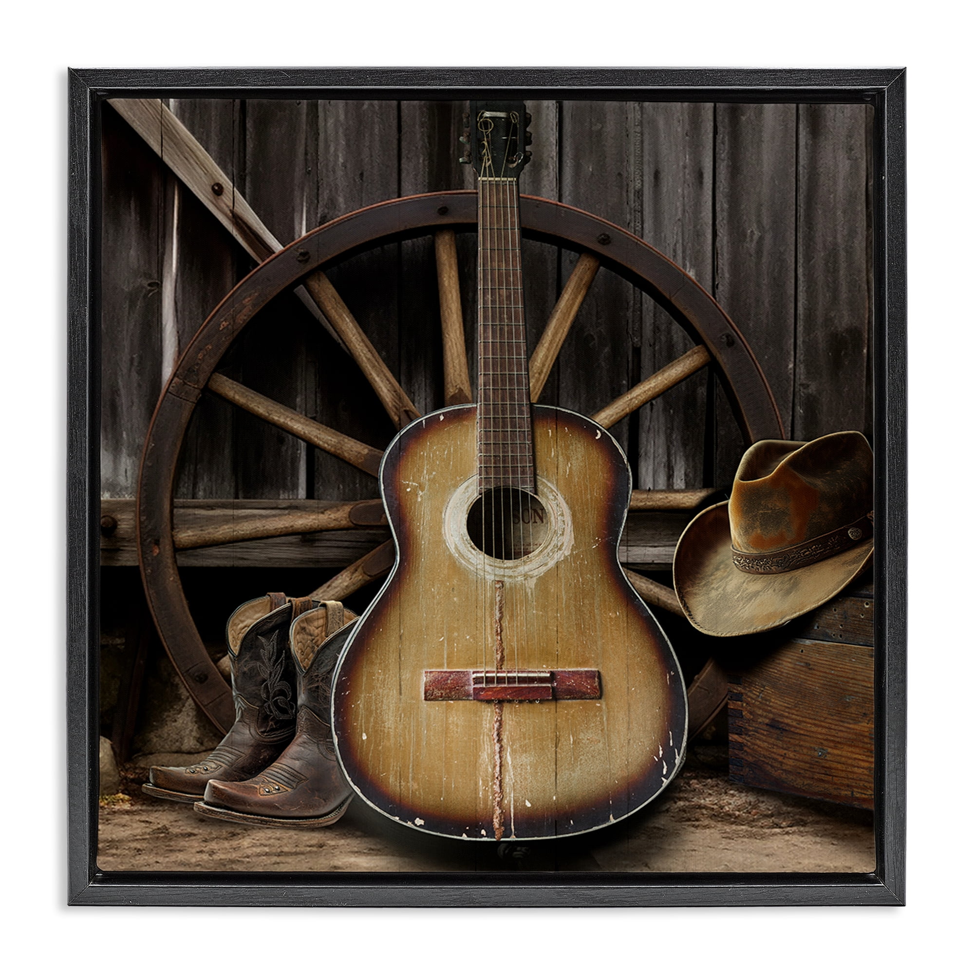 Stupell Industries Rustic Western Guitar with Hat Black Framed Floater ...