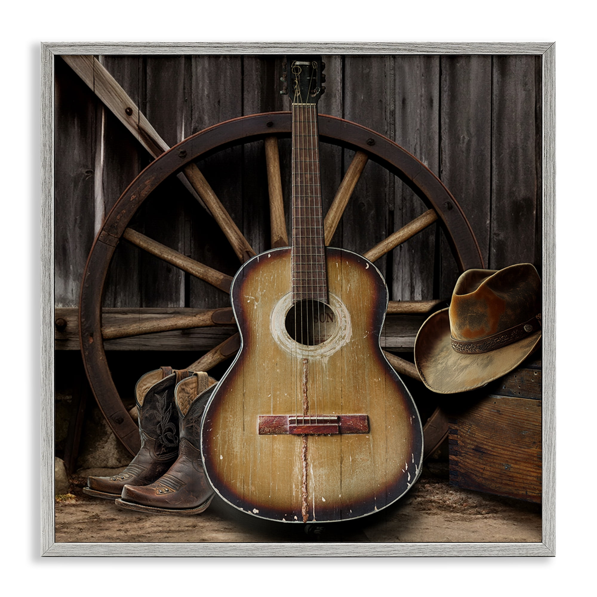 Stupell Industries Rustic Western Guitar with Hat Gray Framed Giclee ...
