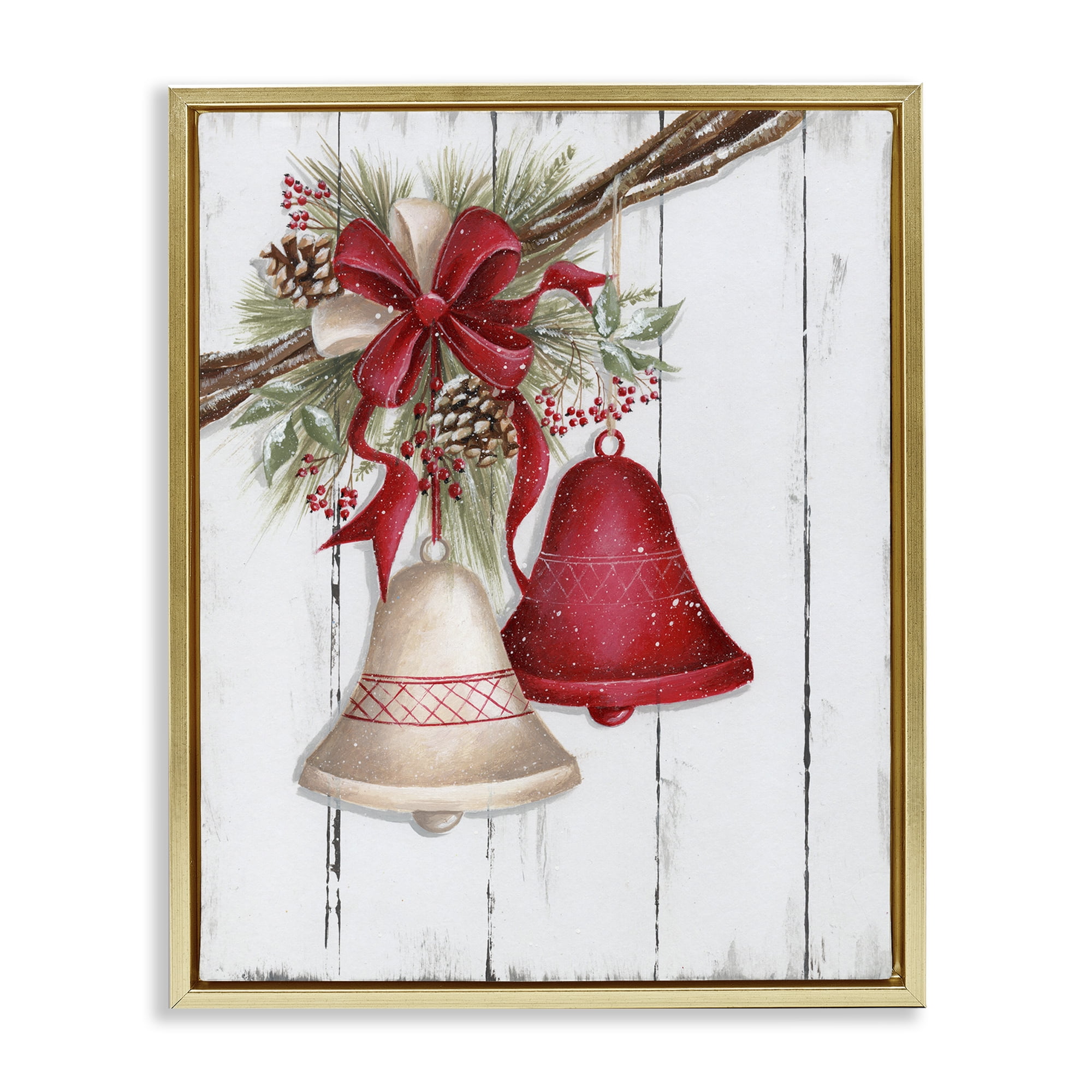 Stupell Industries Rustic Winter Bells Holiday Painting Gold Floater ...