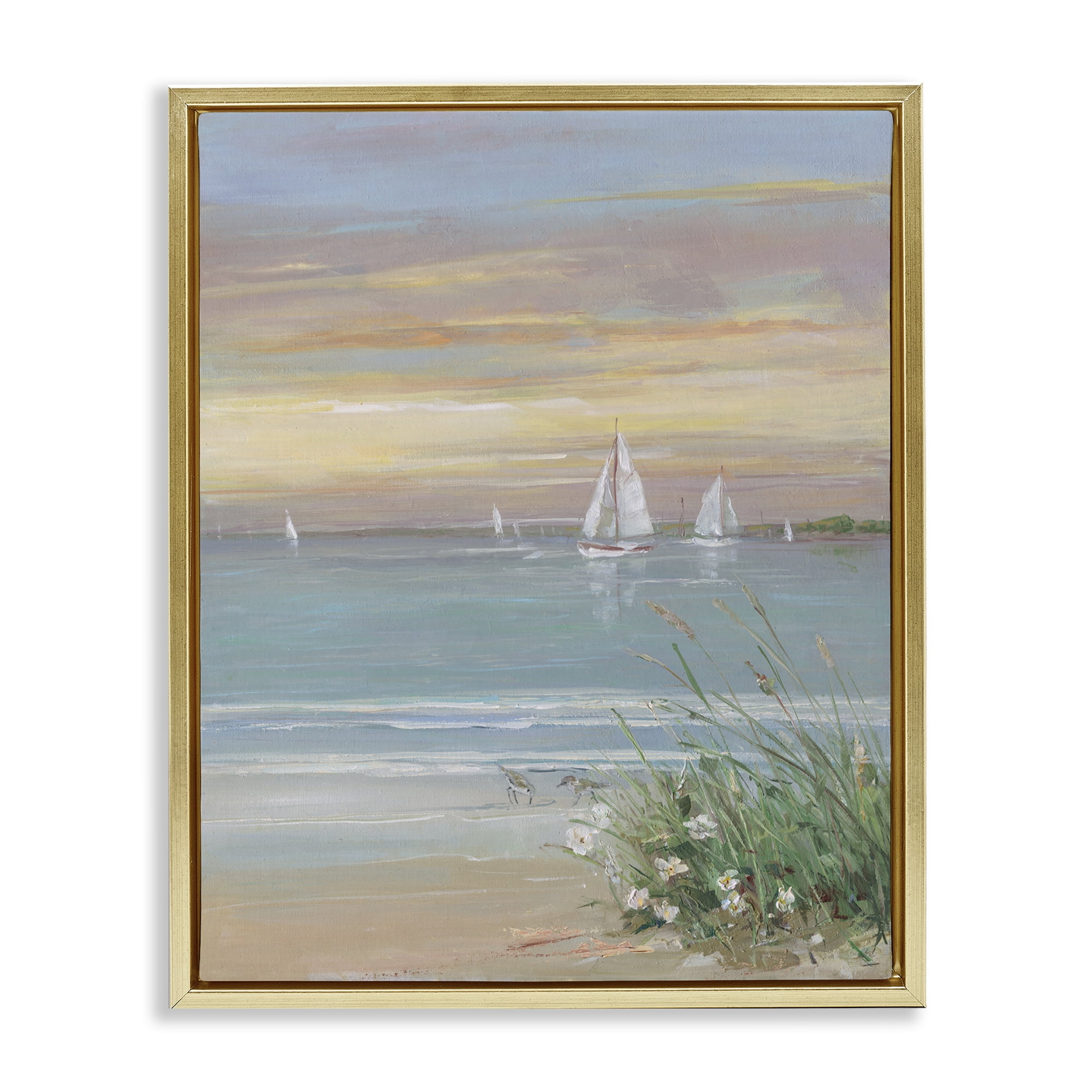 Stupell Industries Sailboats Beyond Sandy Shore Gold Framed Floater ...