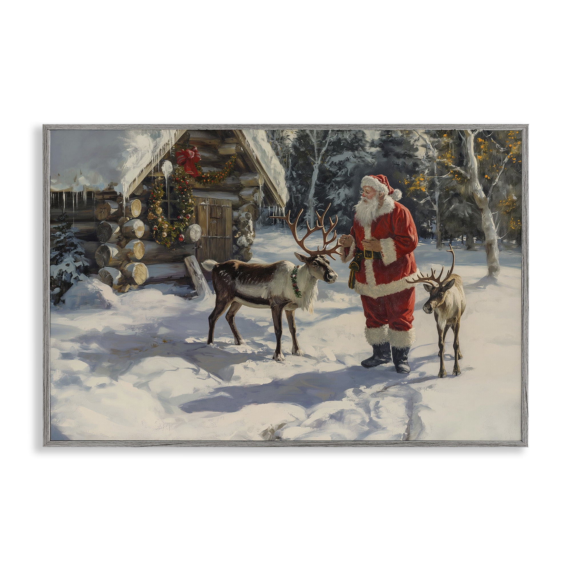 Stupell Industries Santa & Reindeer Scene Holiday Painting Gray Framed ...