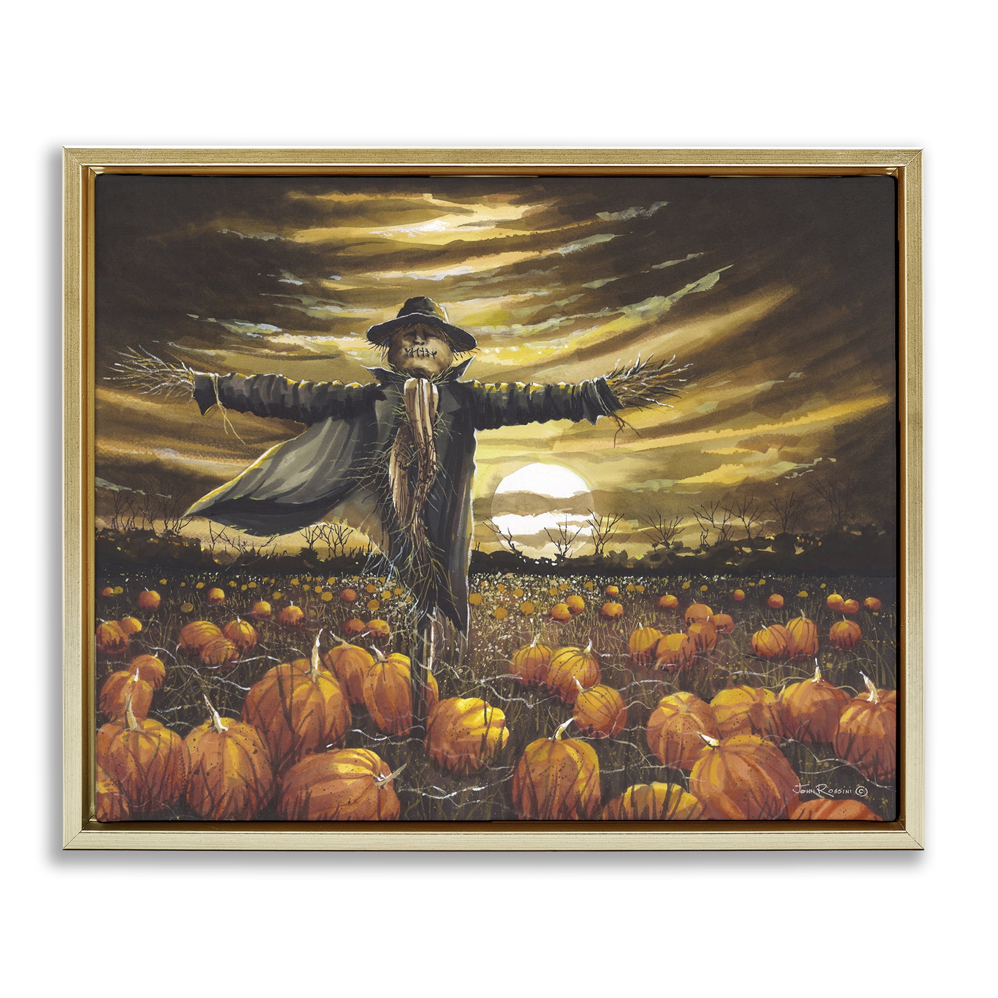 Stupell Industries Scarecrow in Pumpkin Field Holiday Painting Gold ...
