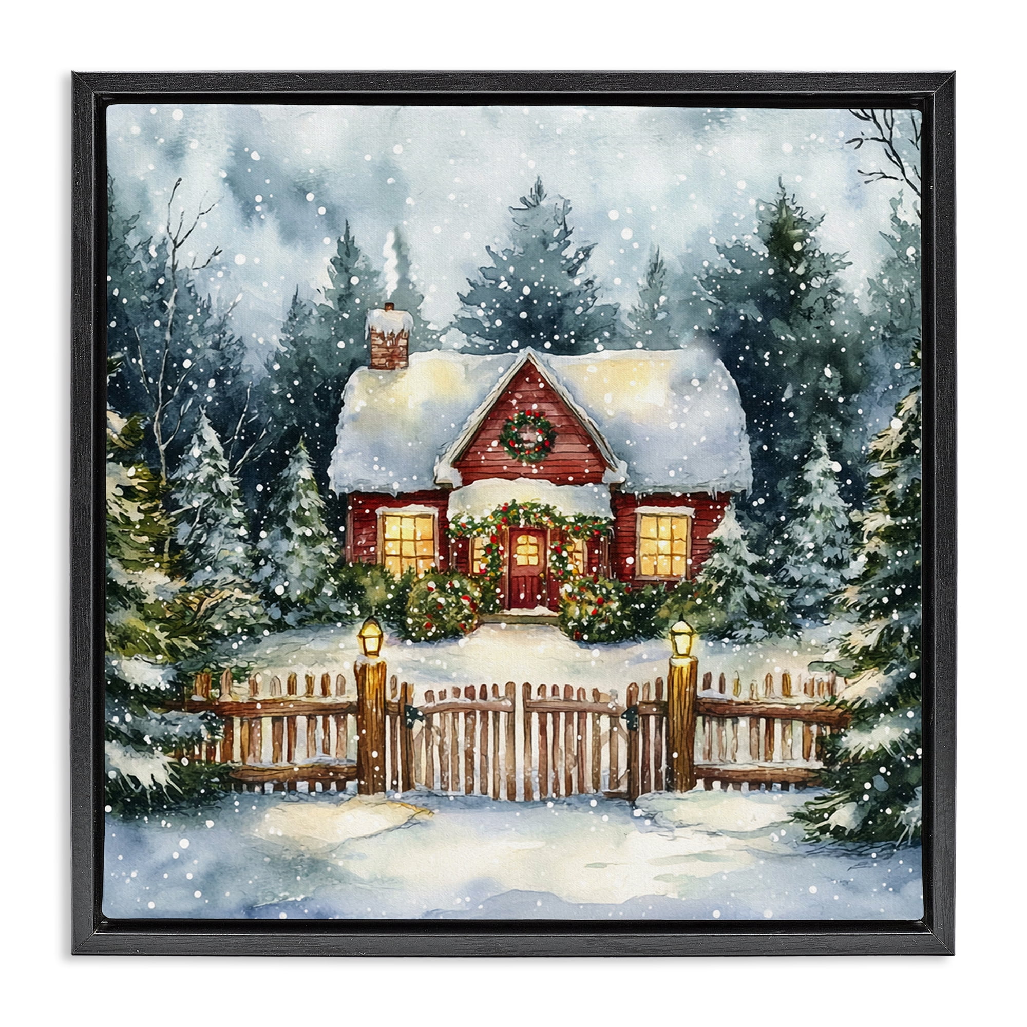 Stupell Industries Scenic Winter Cottage Holiday Painting Black Floater ...