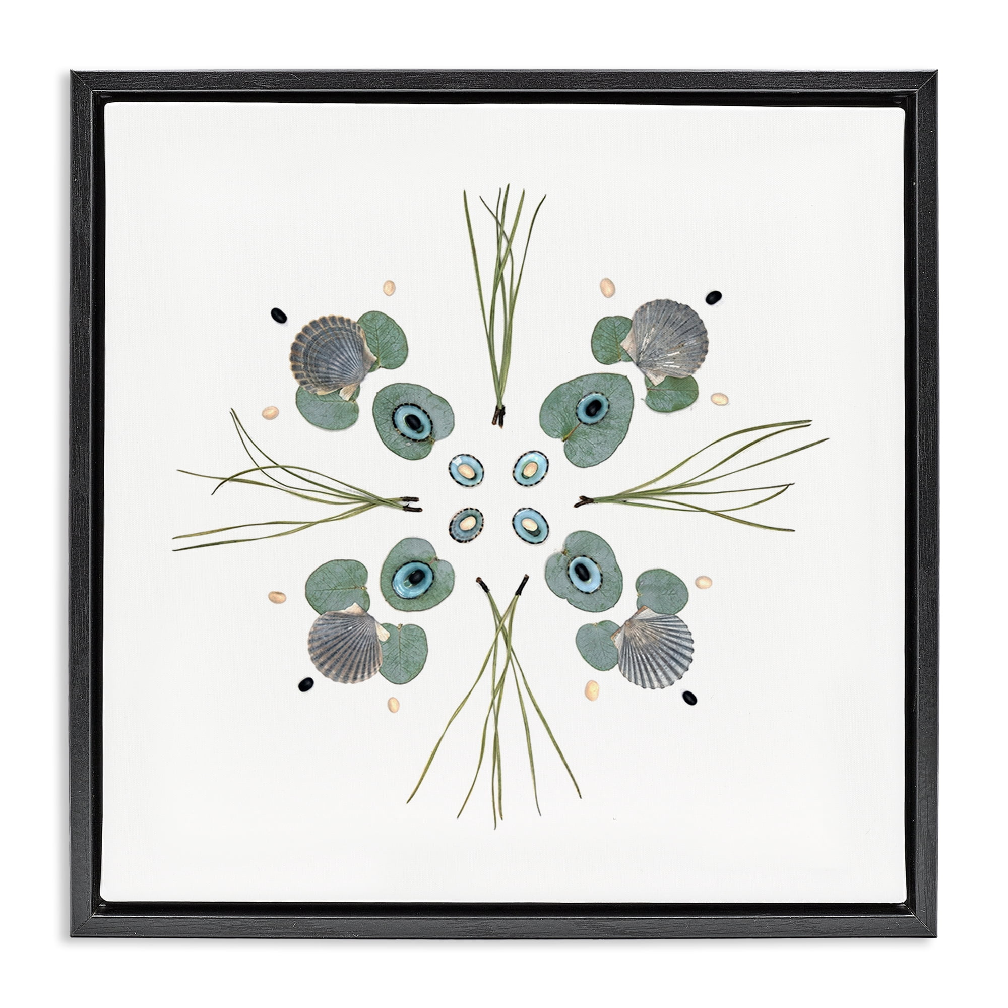Stupell Industries Seashell & Leaf Symmetry Black Framed Floater Canvas ...