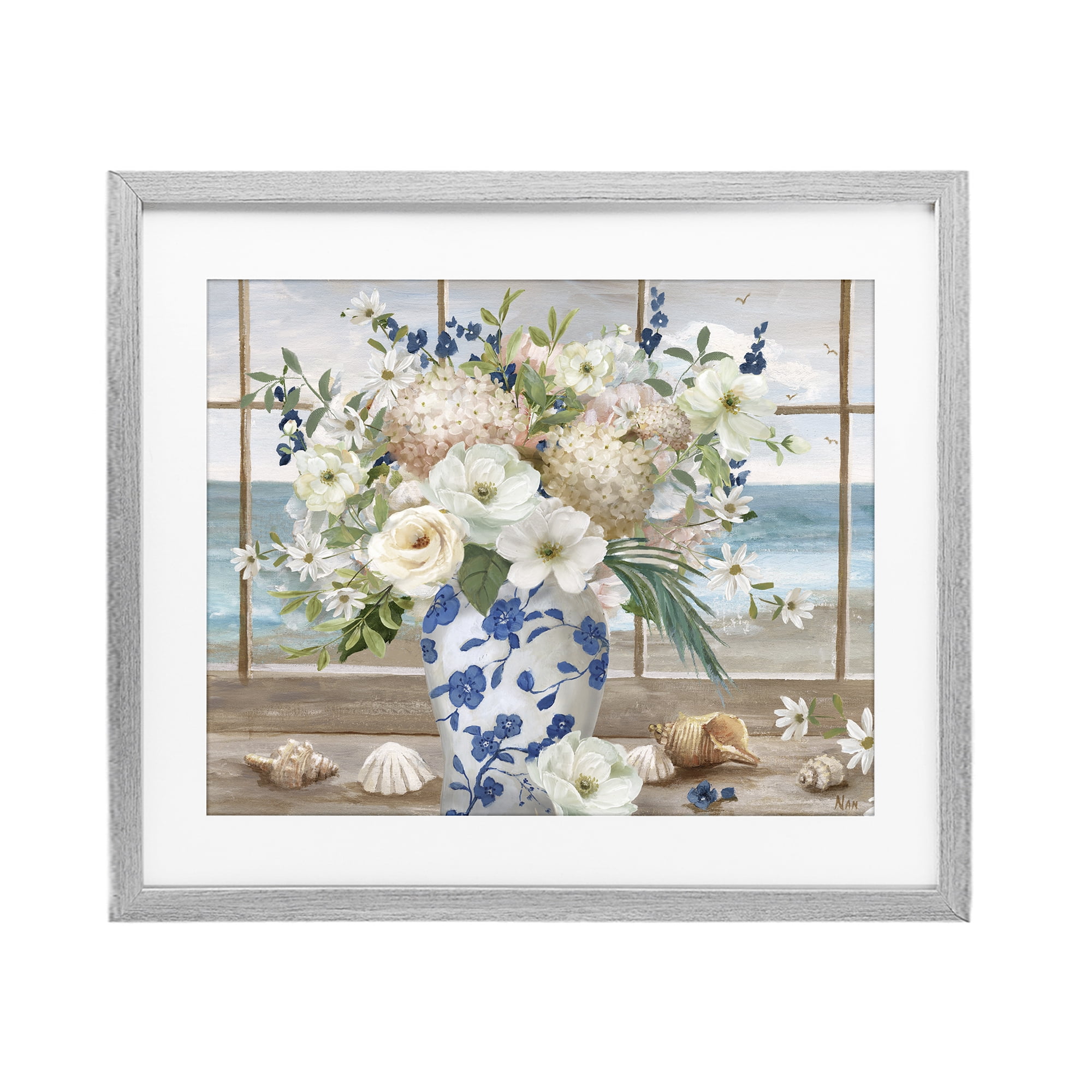 Stupell Industries Seashells & Flowers Windowsill Gray Framed Print ...