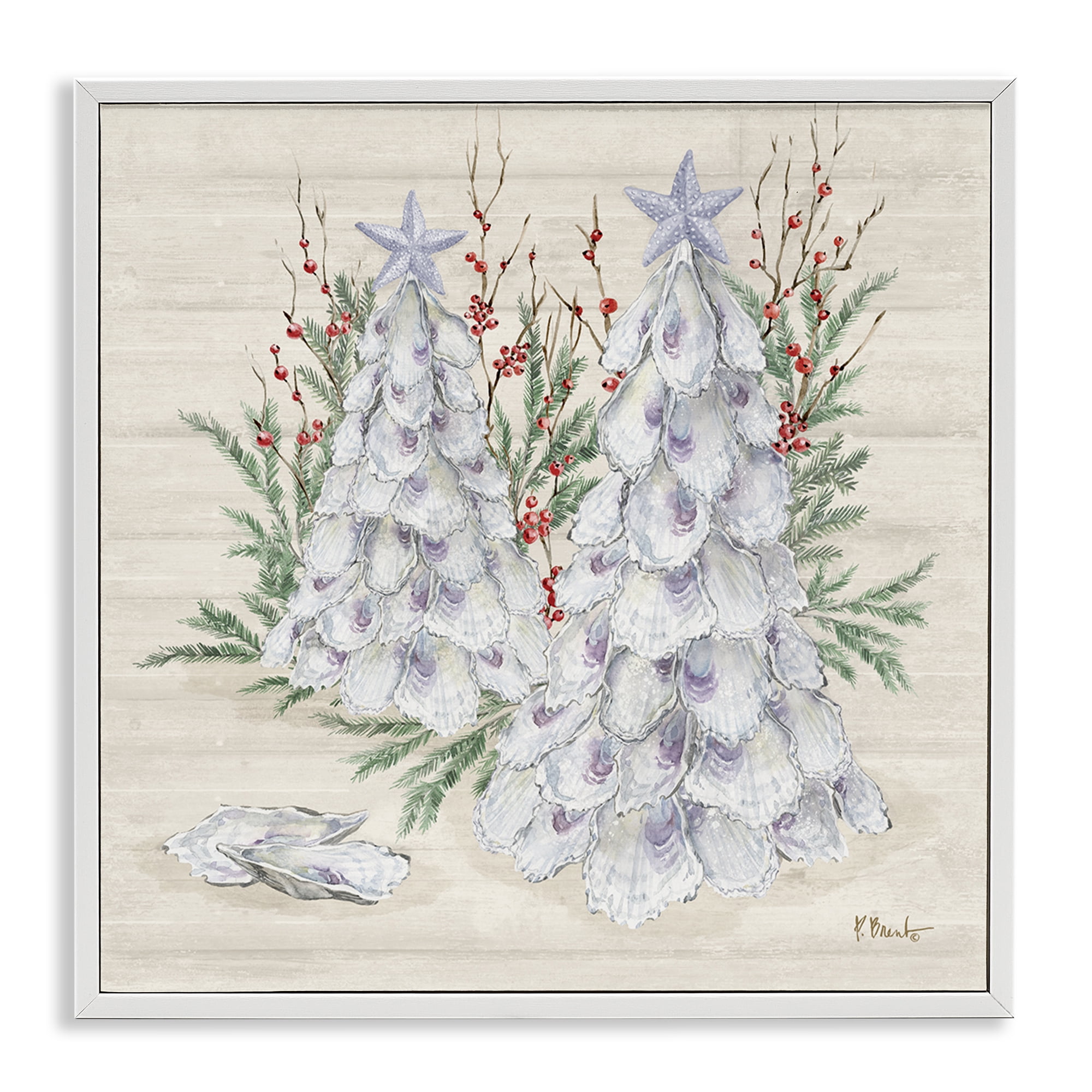 Stupell Industries Seashells & Holly Trees Holiday Painting White ...