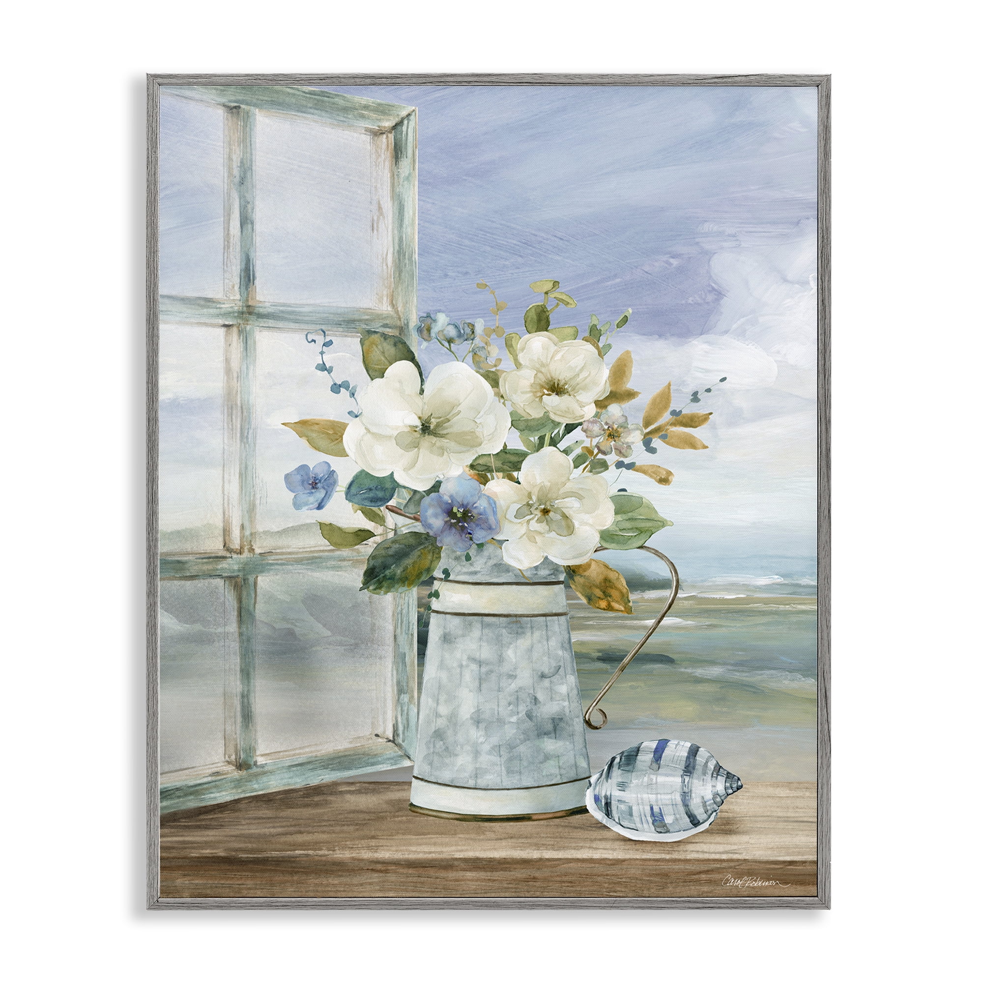 Stupell Industries Seaside Floral Bouquet Window Gray Framed Giclee Art ...