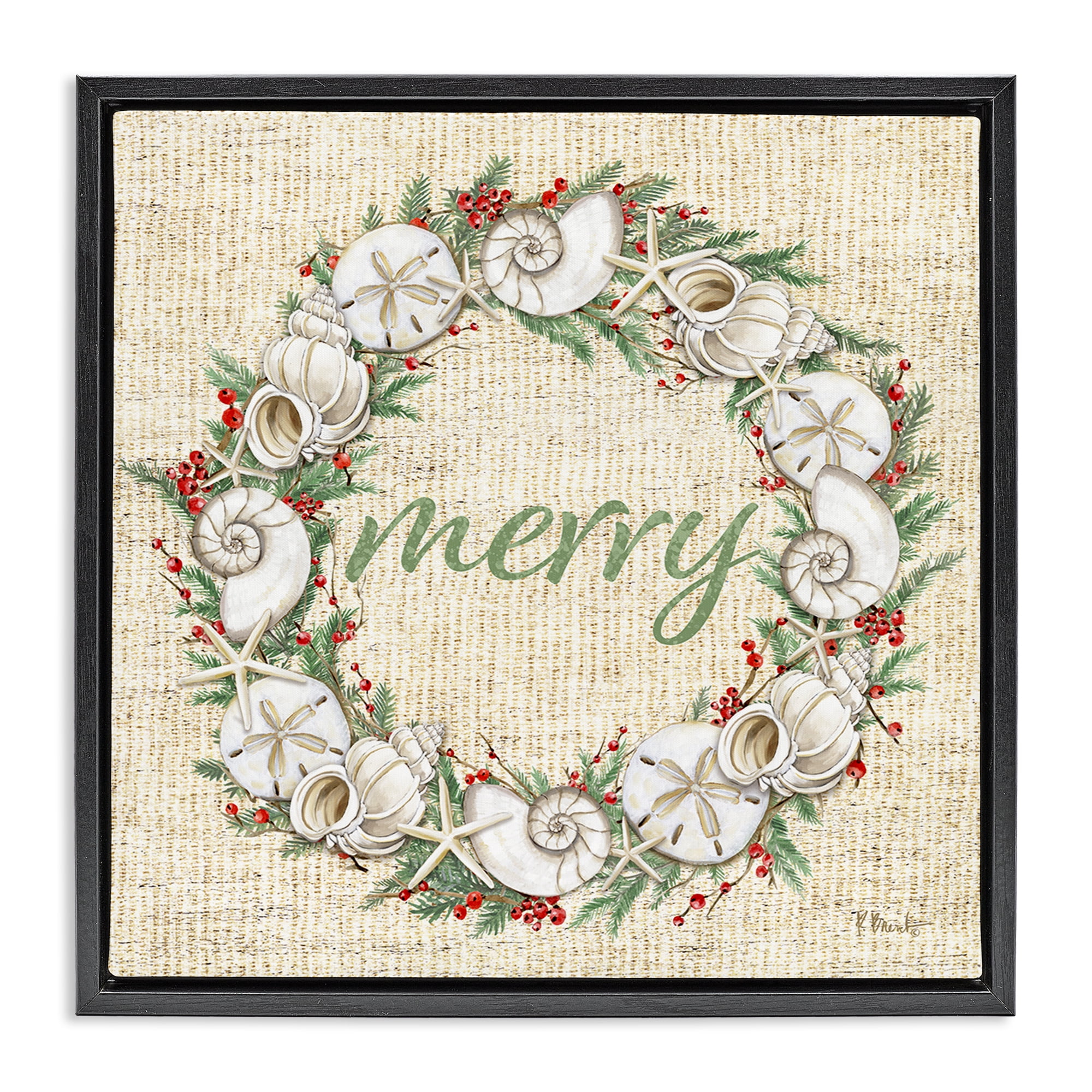 Stupell Industries Shells & Holly Merry Holiday Painting Black Floater ...