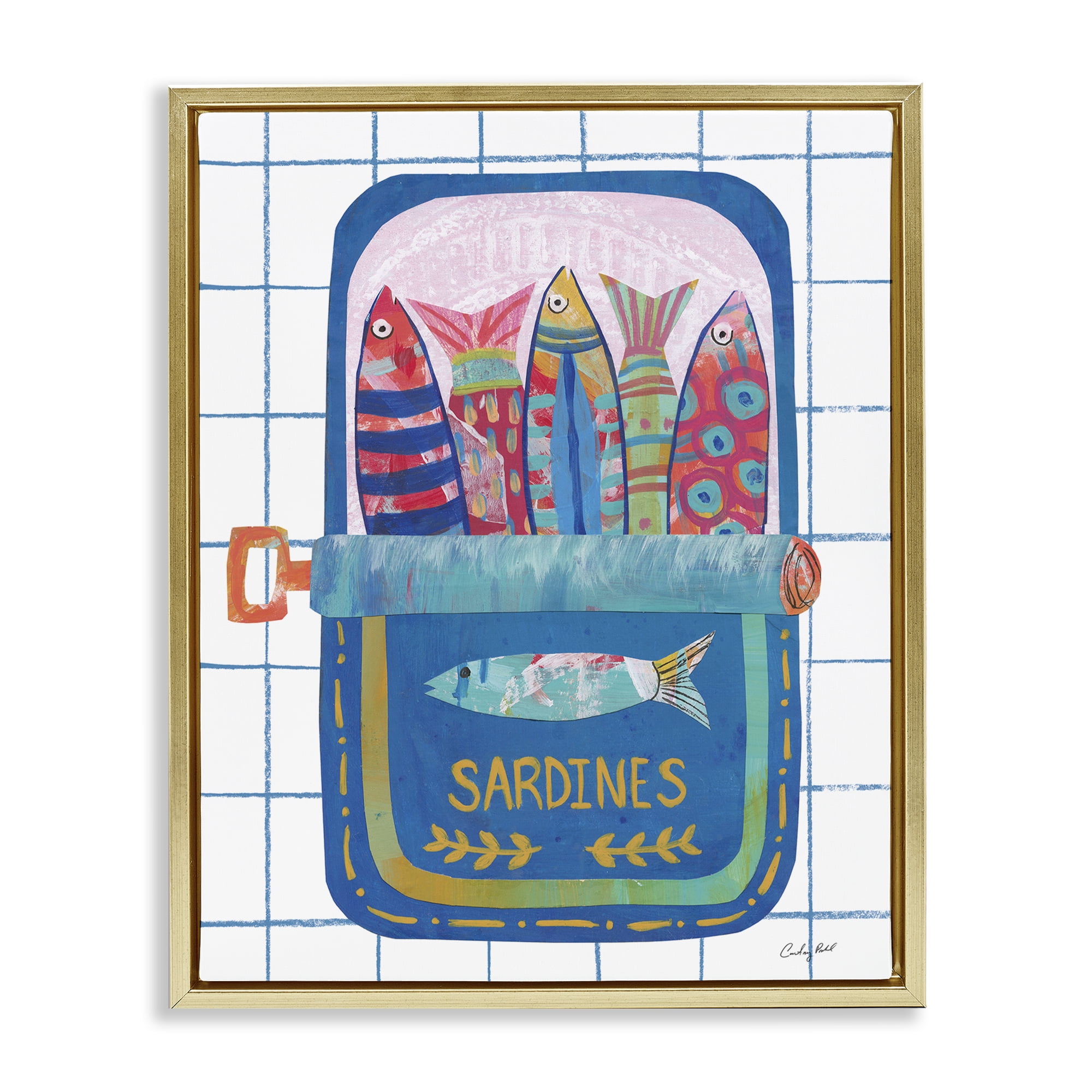 Stupell Industries Silly Sardines Blue Tin Gold Framed Floater Canvas ...