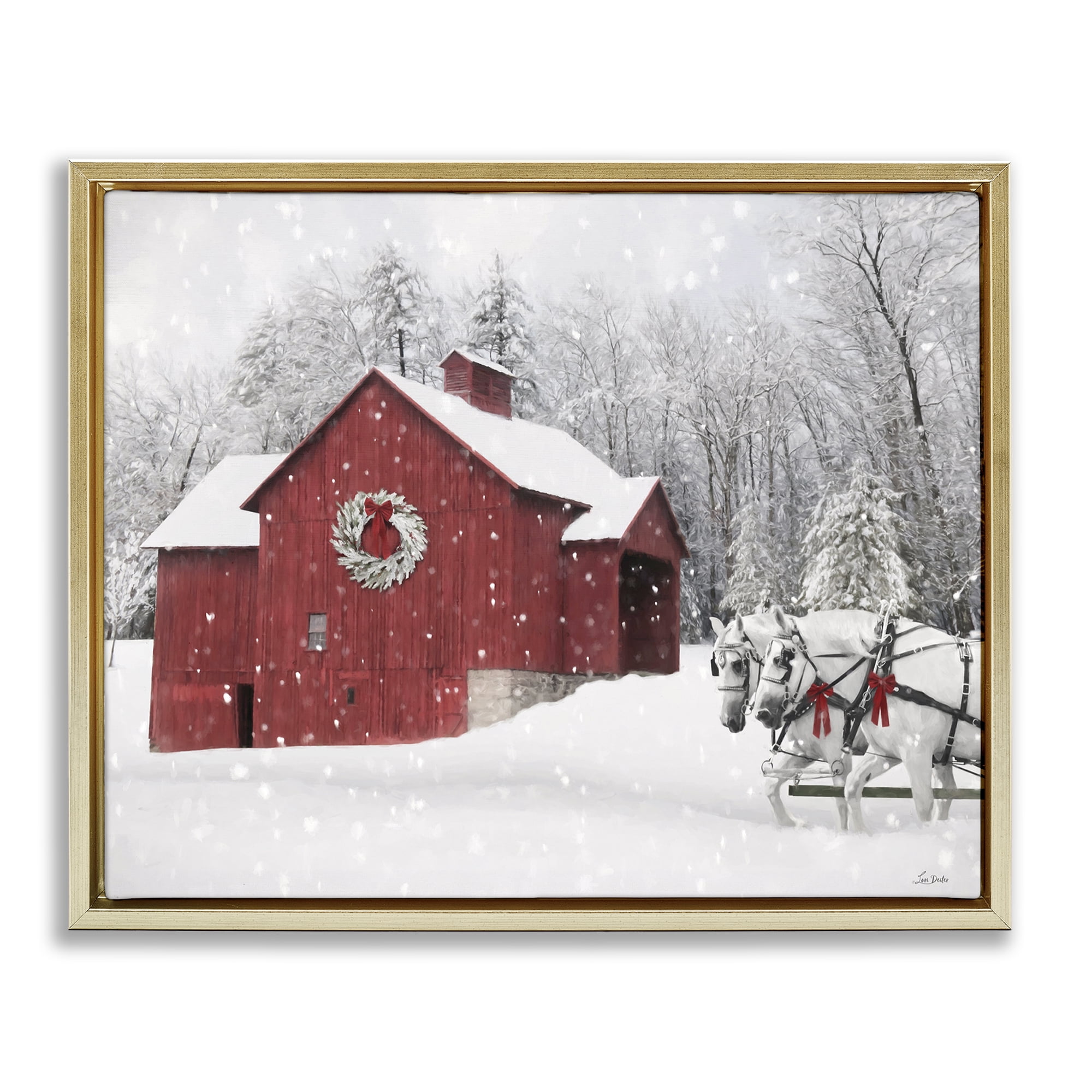 Stupell Industries Snow Covered Red Barn Holiday Painting Gold Floater ...