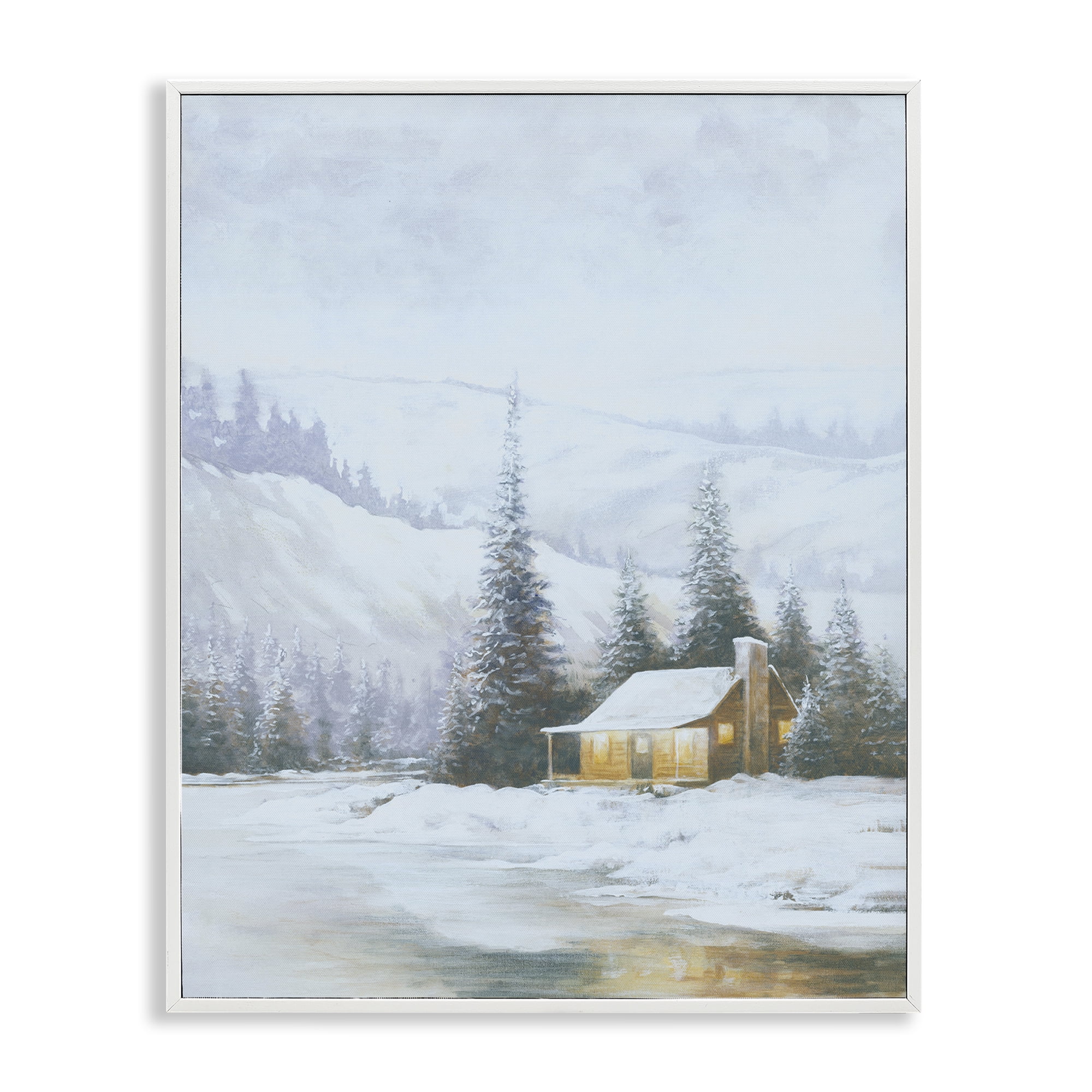 Stupell Industries Snowy Woodland Cabin Landscape Painting White Framed ...