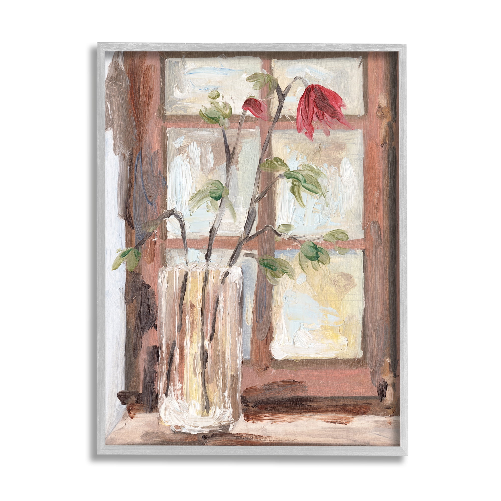 Stupell Industries Soft Red Florals Window Pane Flower Vase Botanical ...