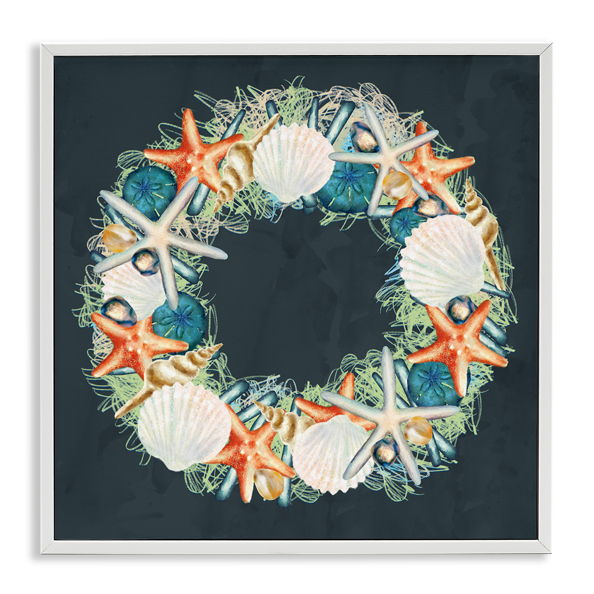 Stupell Industries Starfish and Nautical Seashell Wreath Animals & Insects Painting White Framed ...