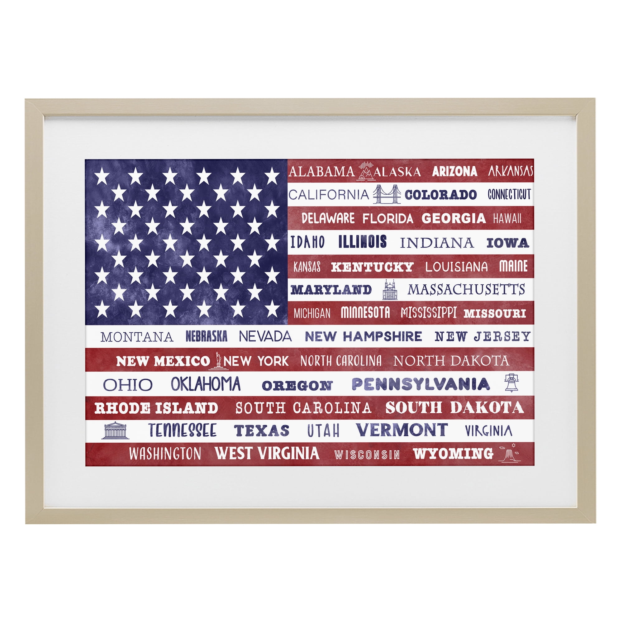 Stupell Industries States Of America Flag Birch Framed Print Under ...
