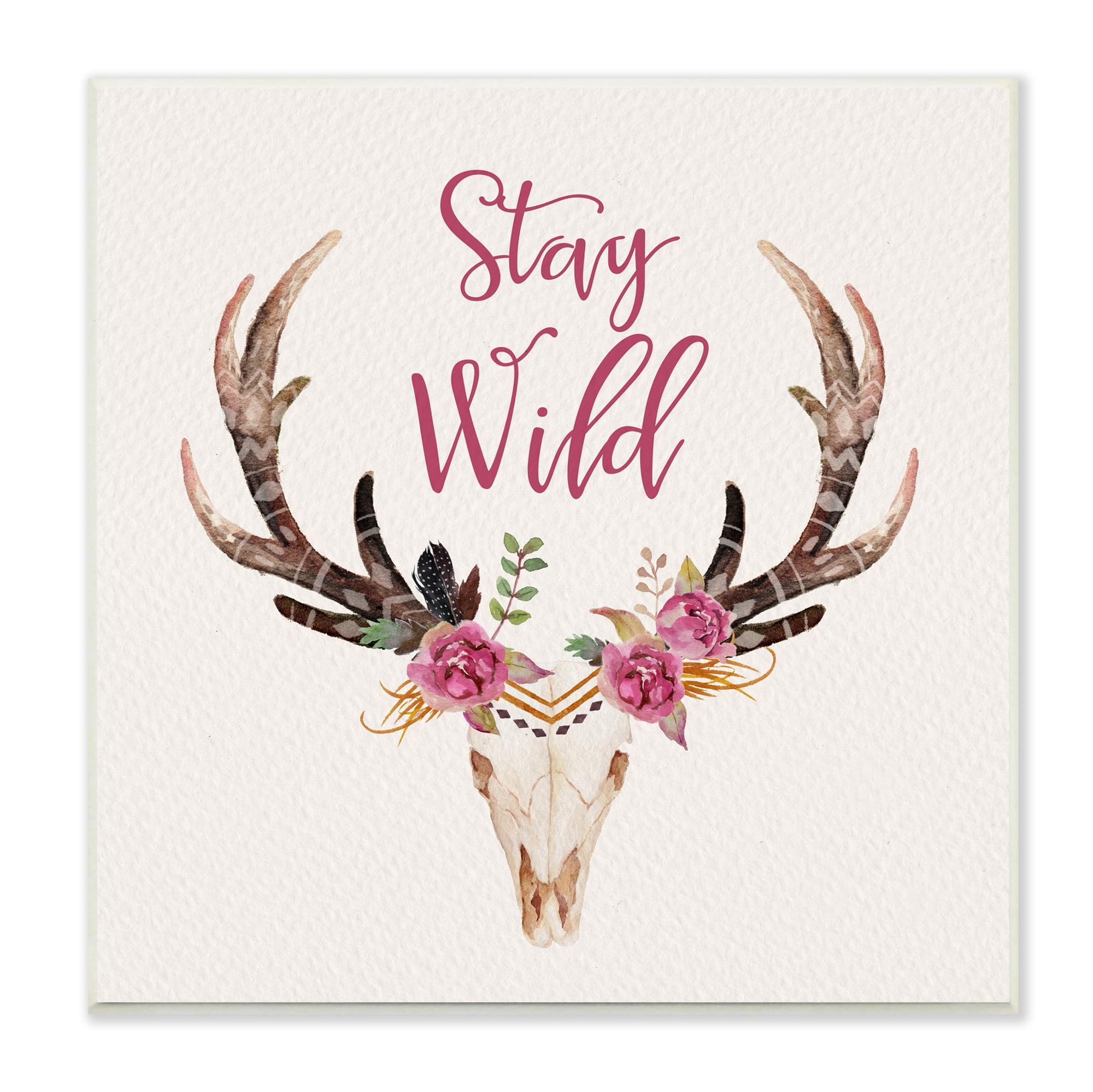 Stupell Industries Stay Wild Boho Chic Floral Deer Skull Antlers Wood ...