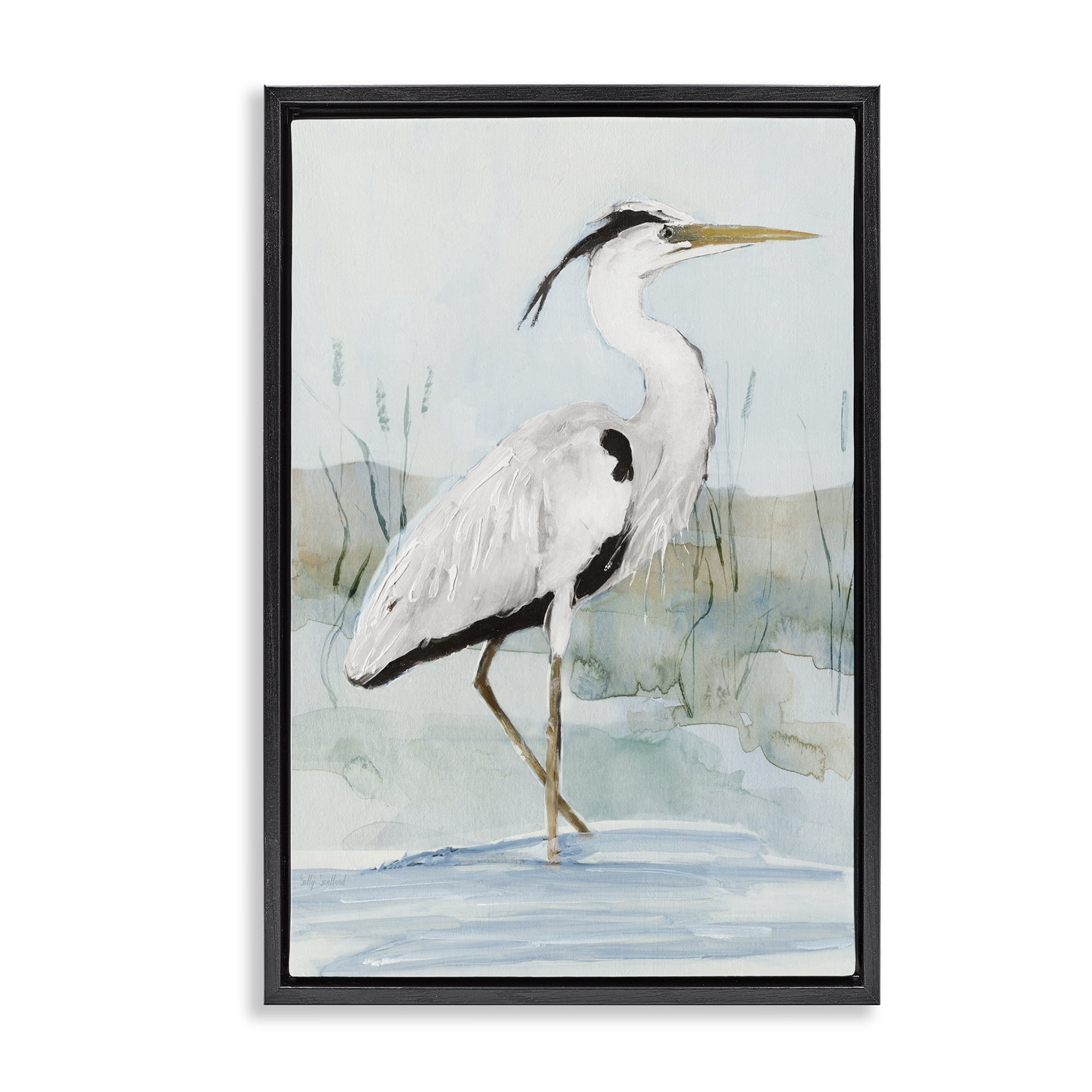 Stupell Industries Stepping White Egret Animals Painting Black Floater ...