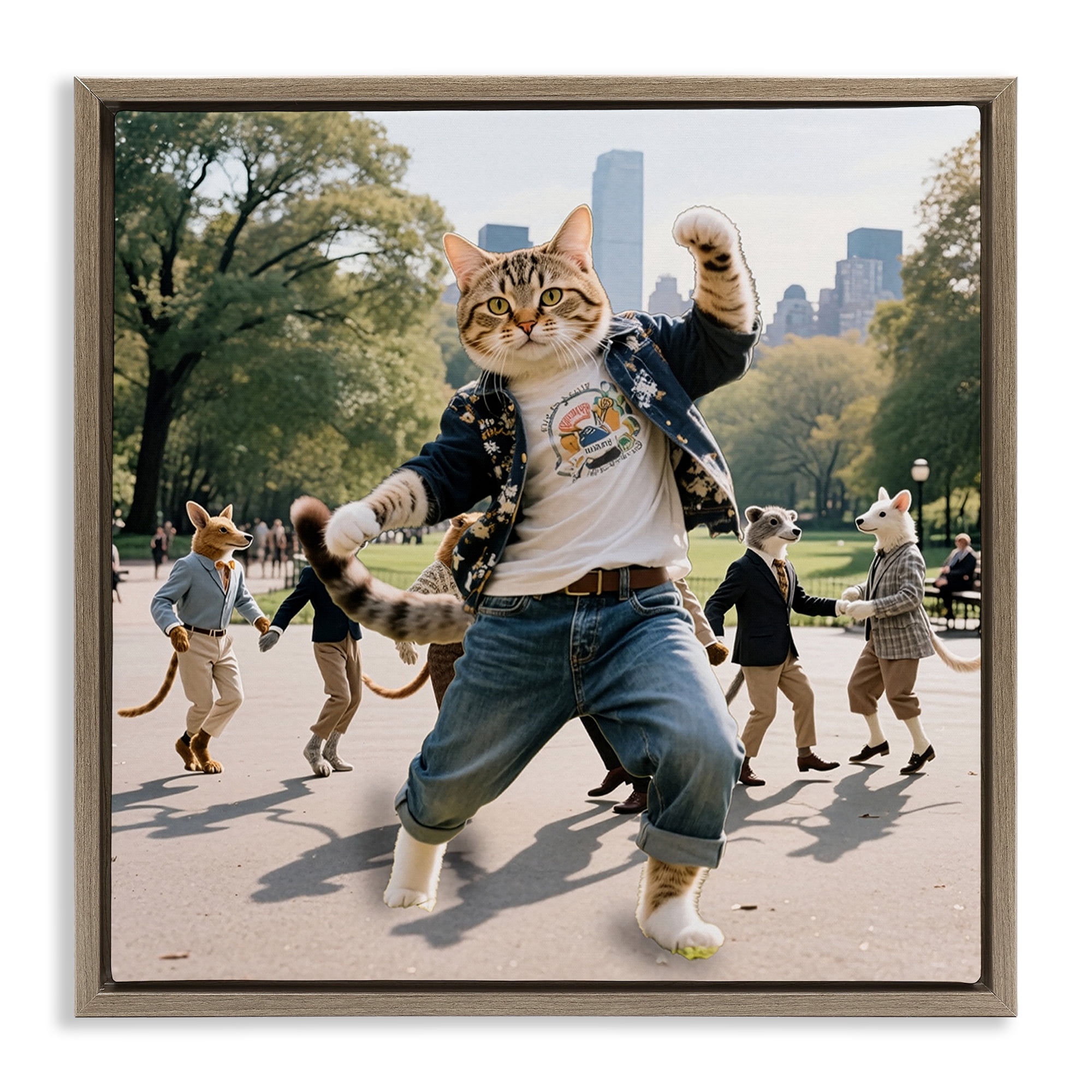 Stupell Industries Stylish Cat Dancing in Park Brown Framed Floater ...