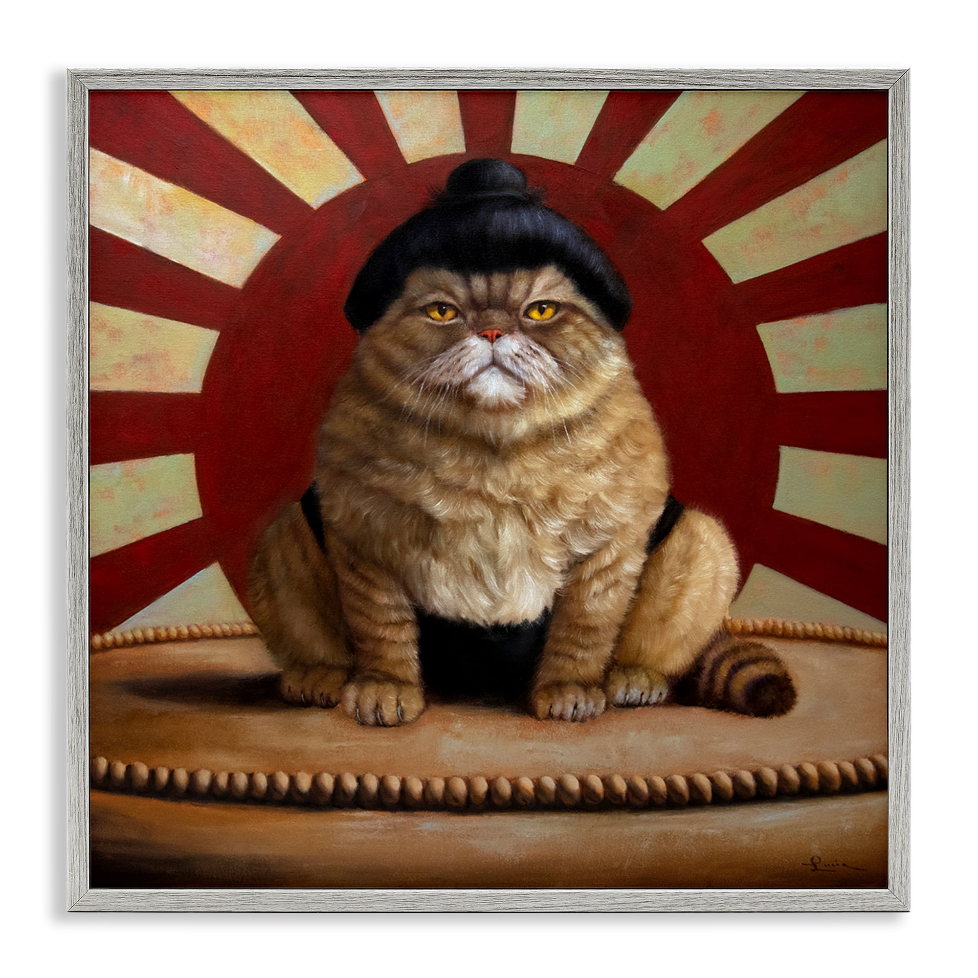 Stupell Industries Sumo Cat with Sun Rays Gray Framed Giclee Art ...