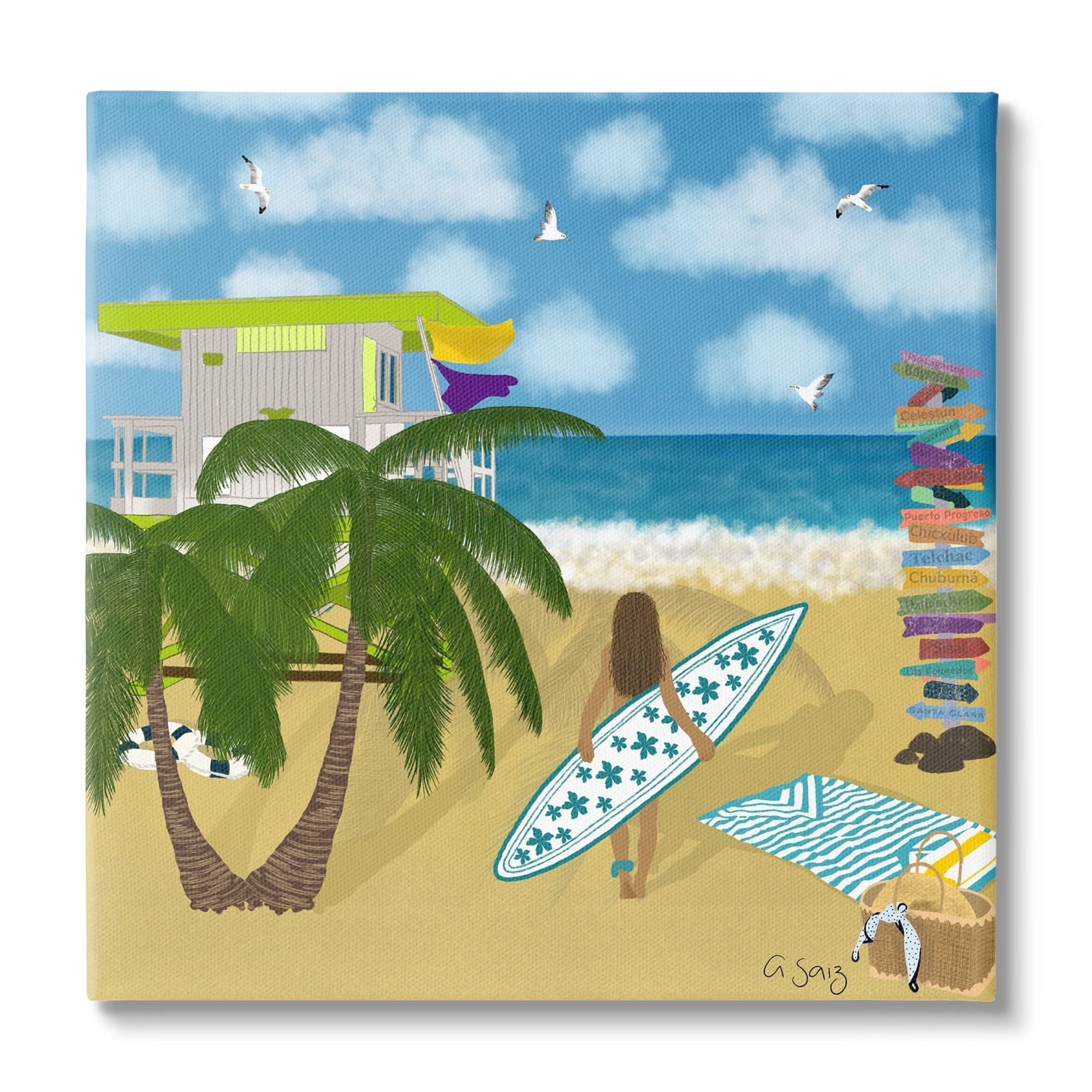 Stupell Industries Surfer Girl Walking Tropical Beach Coastal Painting ...