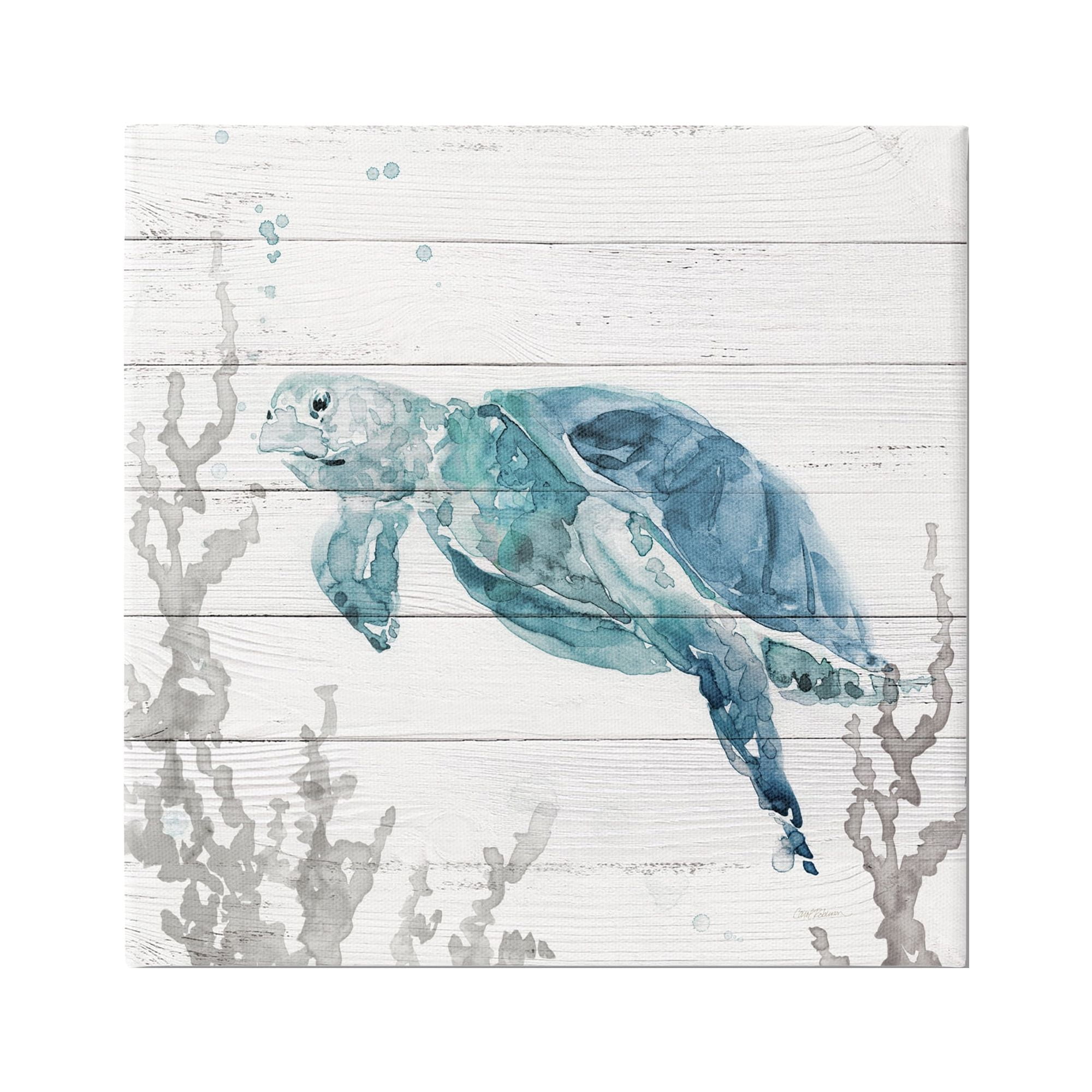 Stupell Industries Swimming Sea Turtle Coral Beach Plank Design Graphic ...
