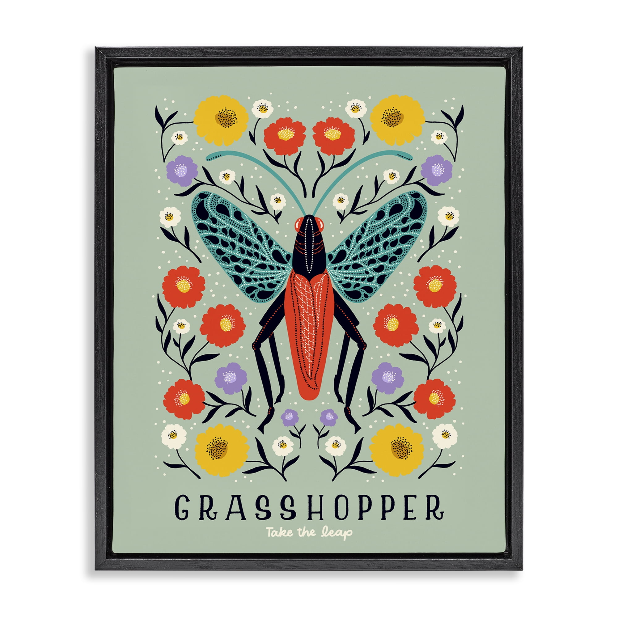 Stupell Industries Symmetrical Grasshopper with Blooms Black Framed ...