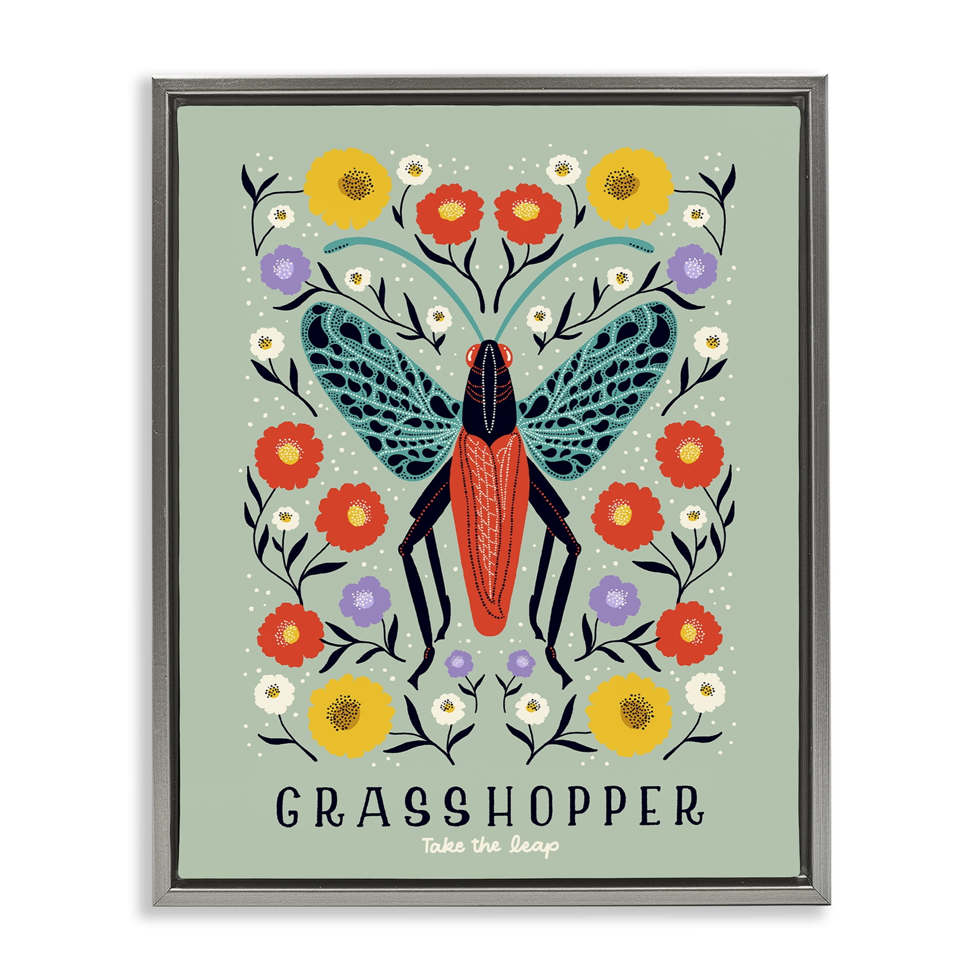 Stupell Industries Symmetrical Grasshopper with Blooms Gray Framed ...