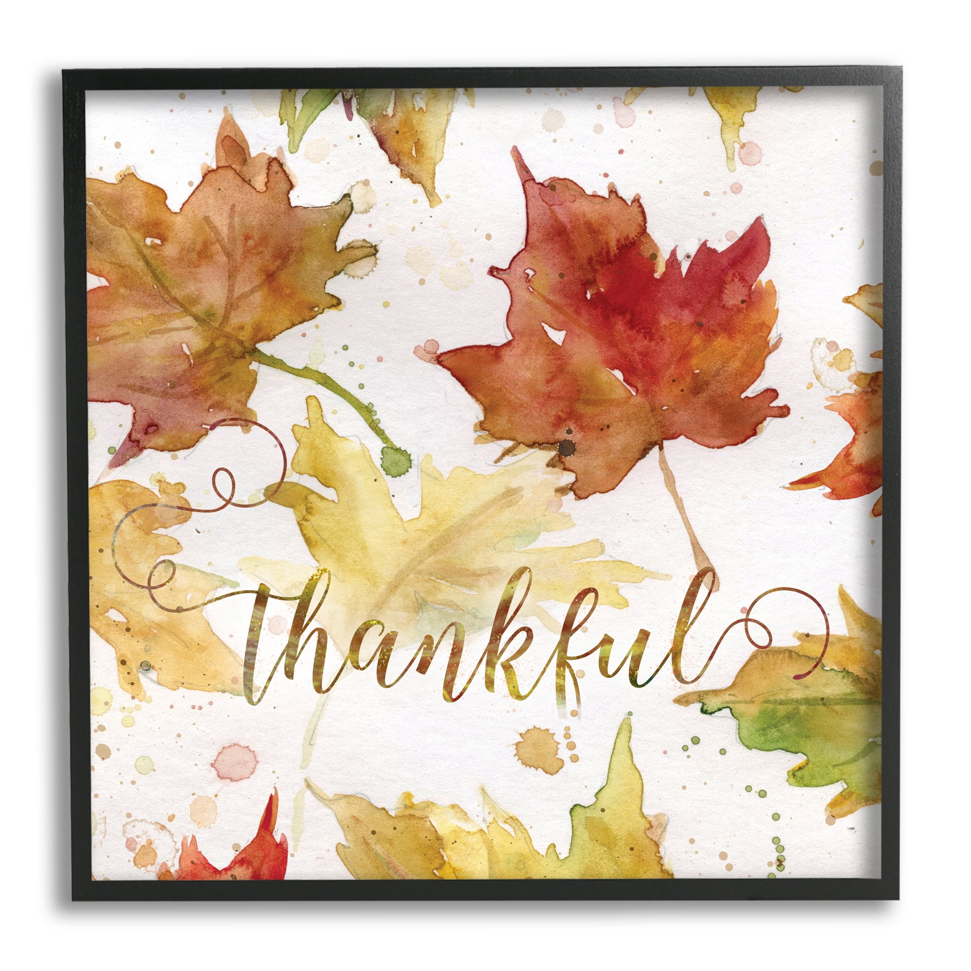 Stupell Industries Thankful Fall Leaves Holiday Painting Black Framed ...