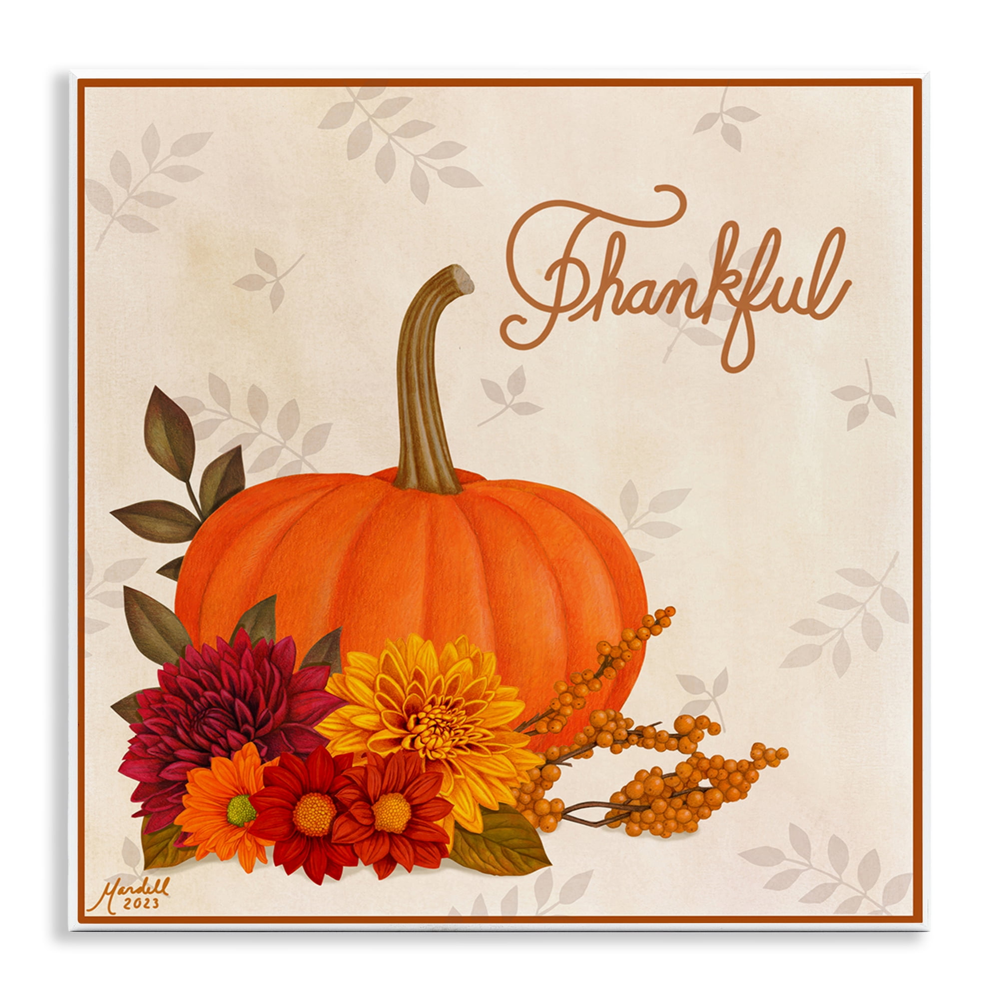 Stupell Industries Thankful Pumpkin & Florals Holiday Painting Unframed ...