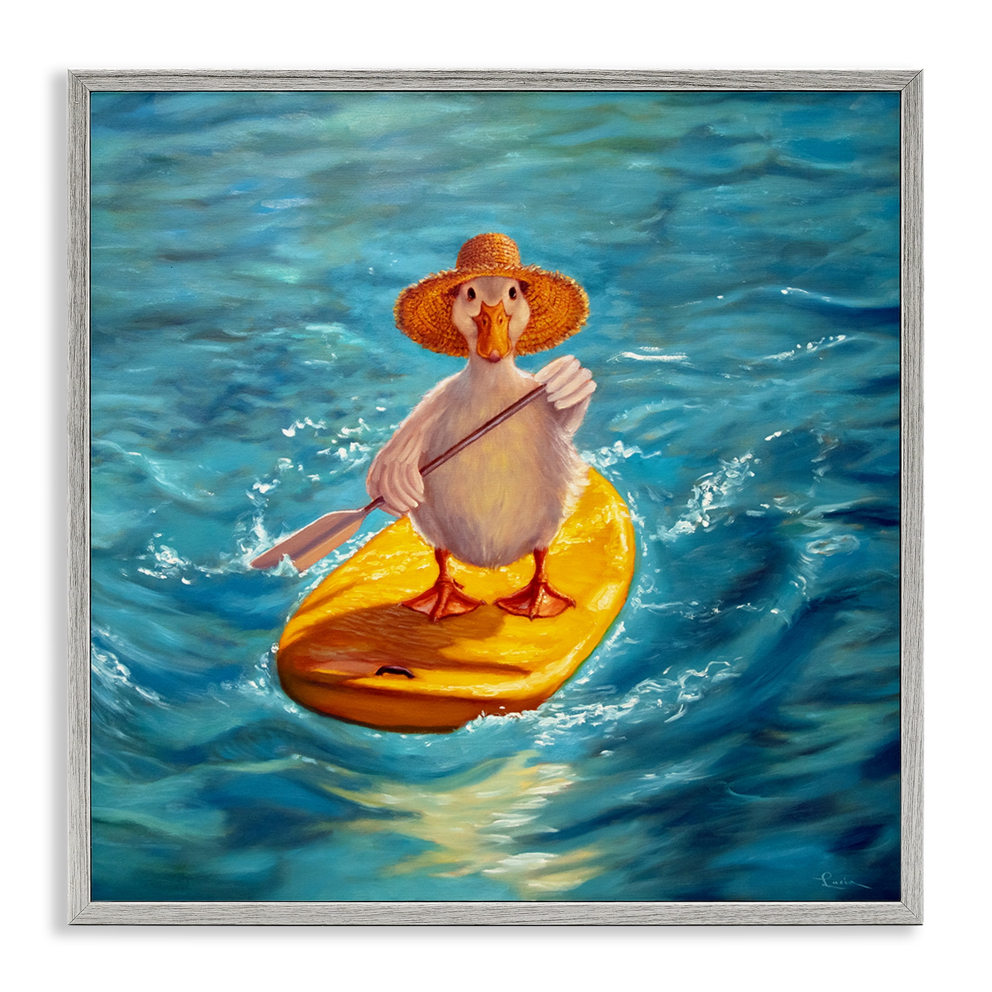 Stupell Industries The Paddler Duck with Straw Hat Gray Framed Giclee ...