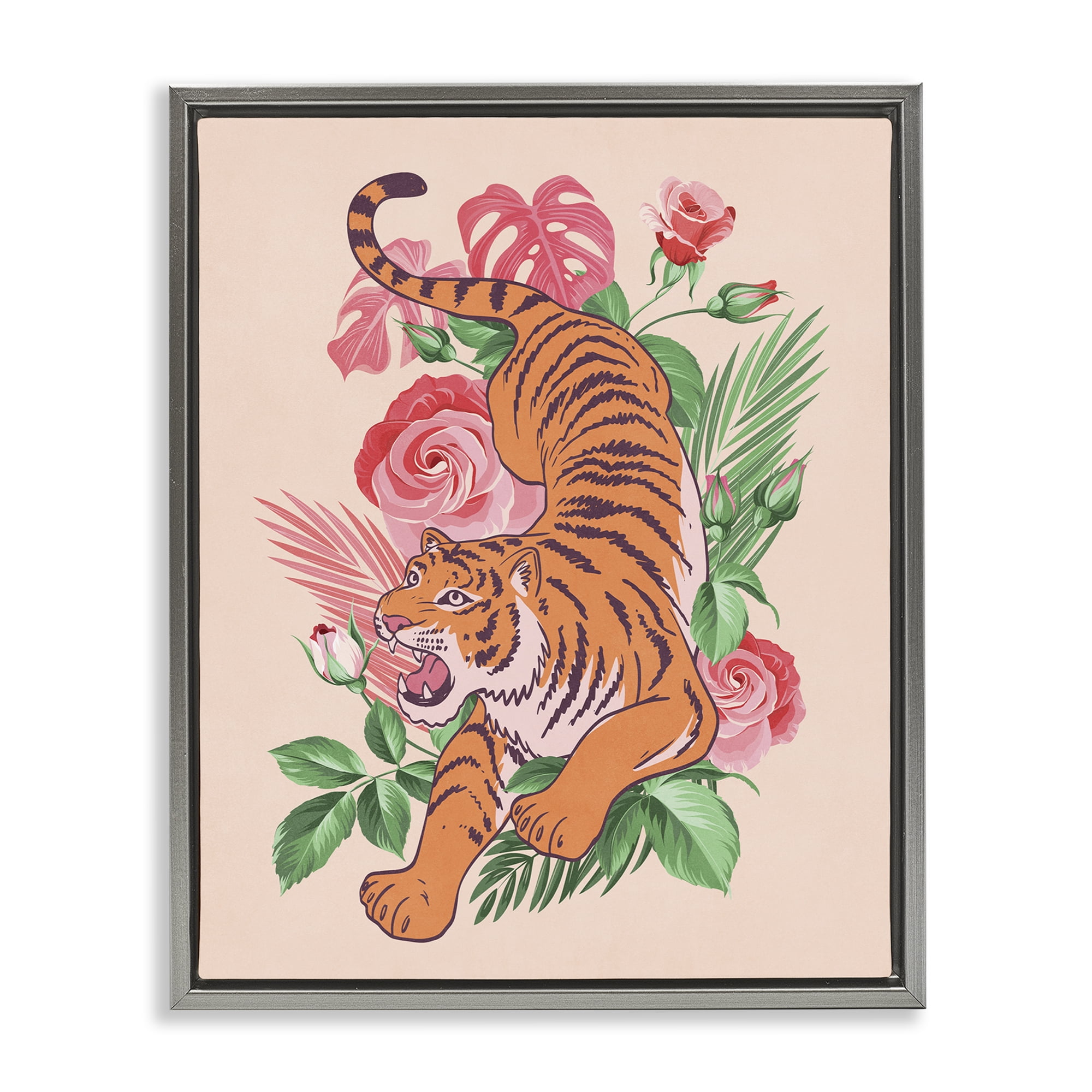 Stupell Industries Tiger & Tropical Roses Animals Painting Gray Floater ...