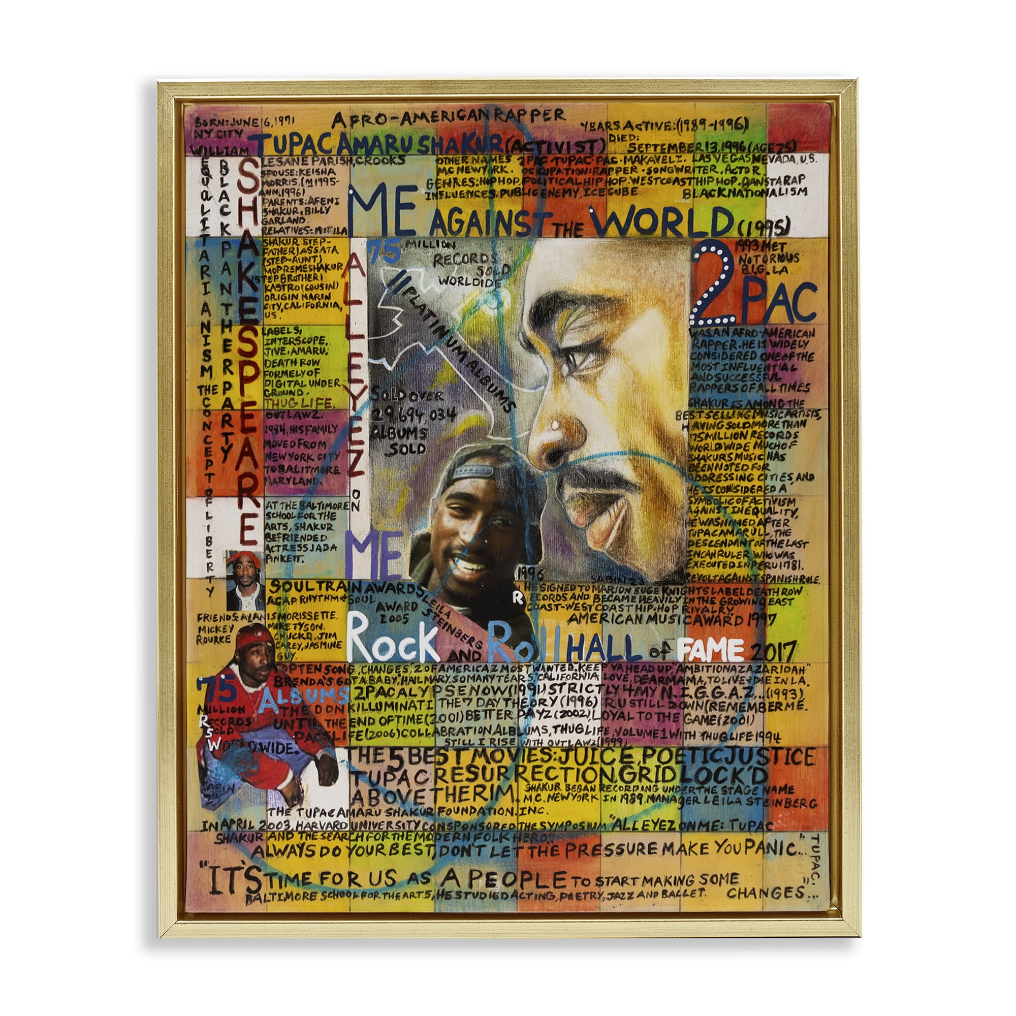 Stupell Industries Tupac Musician Collage People Drawing Gold Floater ...